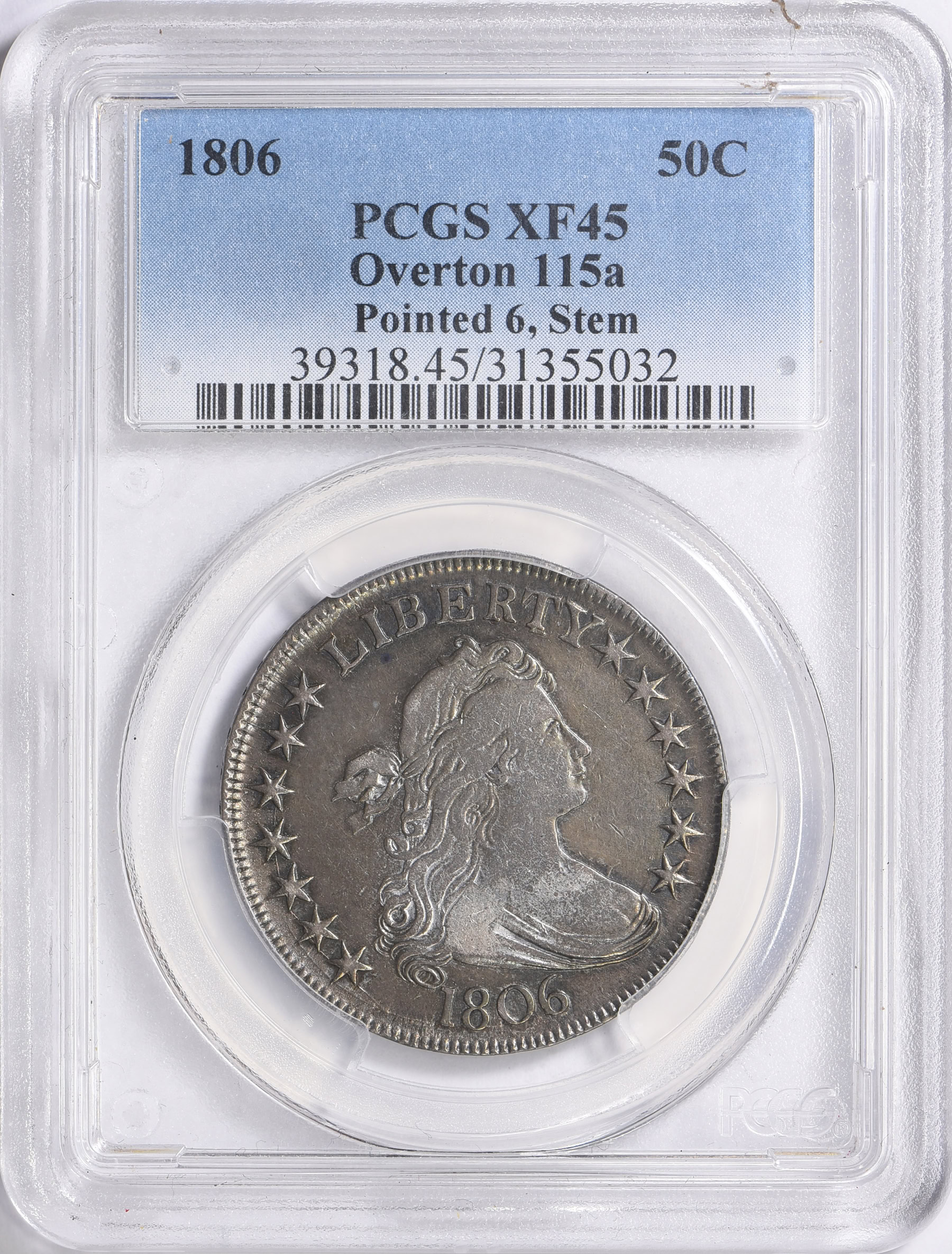1806 Draped Bust Half Dollar Pointed 6, Stem Overton 115a PCGS XF-45 (Toned) (Item 1642608 ...