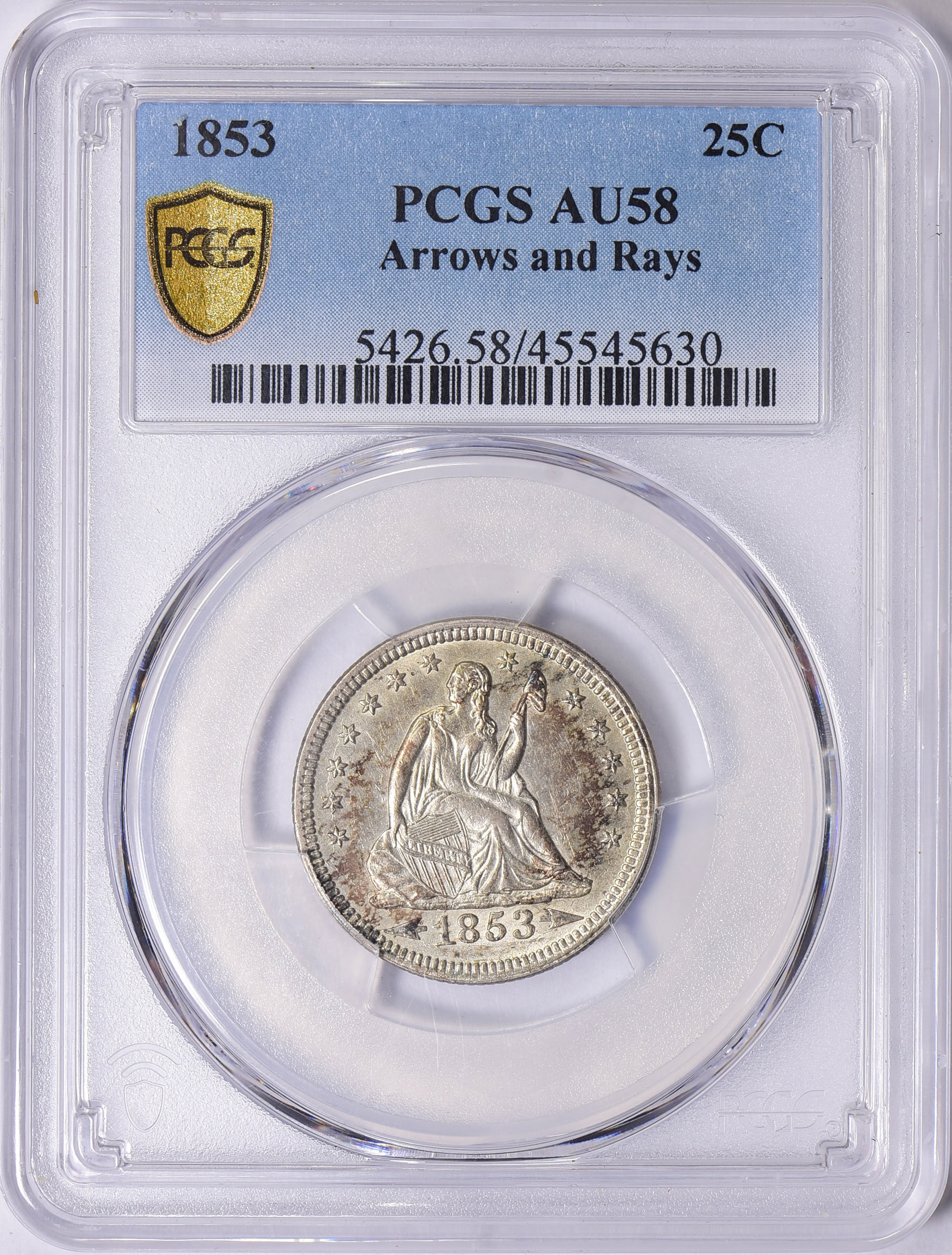 1853 Seated Liberty Quarter Arrows and Rays PCGS AU-58 (Item 1642615) | GreatCollections Coin ...
