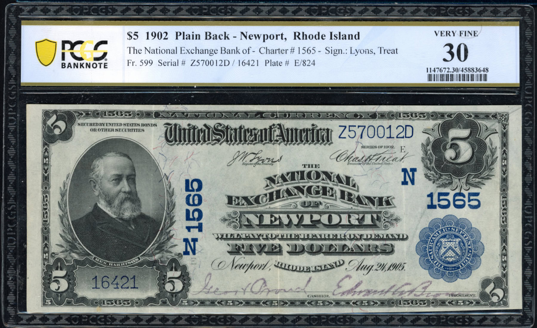 Fr. 599 Newport, Rhode Island 1902 The National Exchange Bank $5 Plain ...