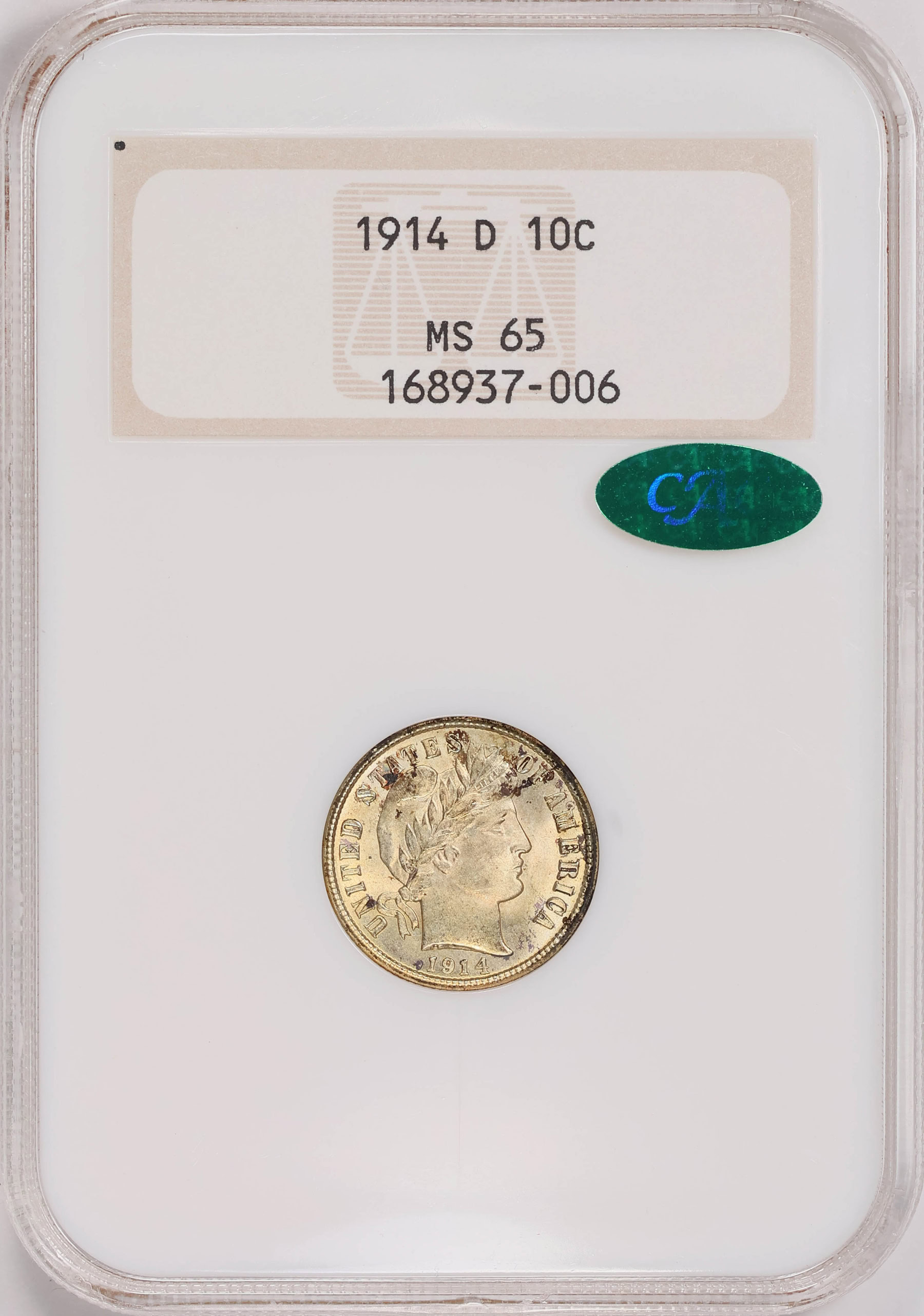 1914-D Barber Dime NGC MS-65 (CAC Green) OH (Item 1643176) | GreatCollections Coin Auctions