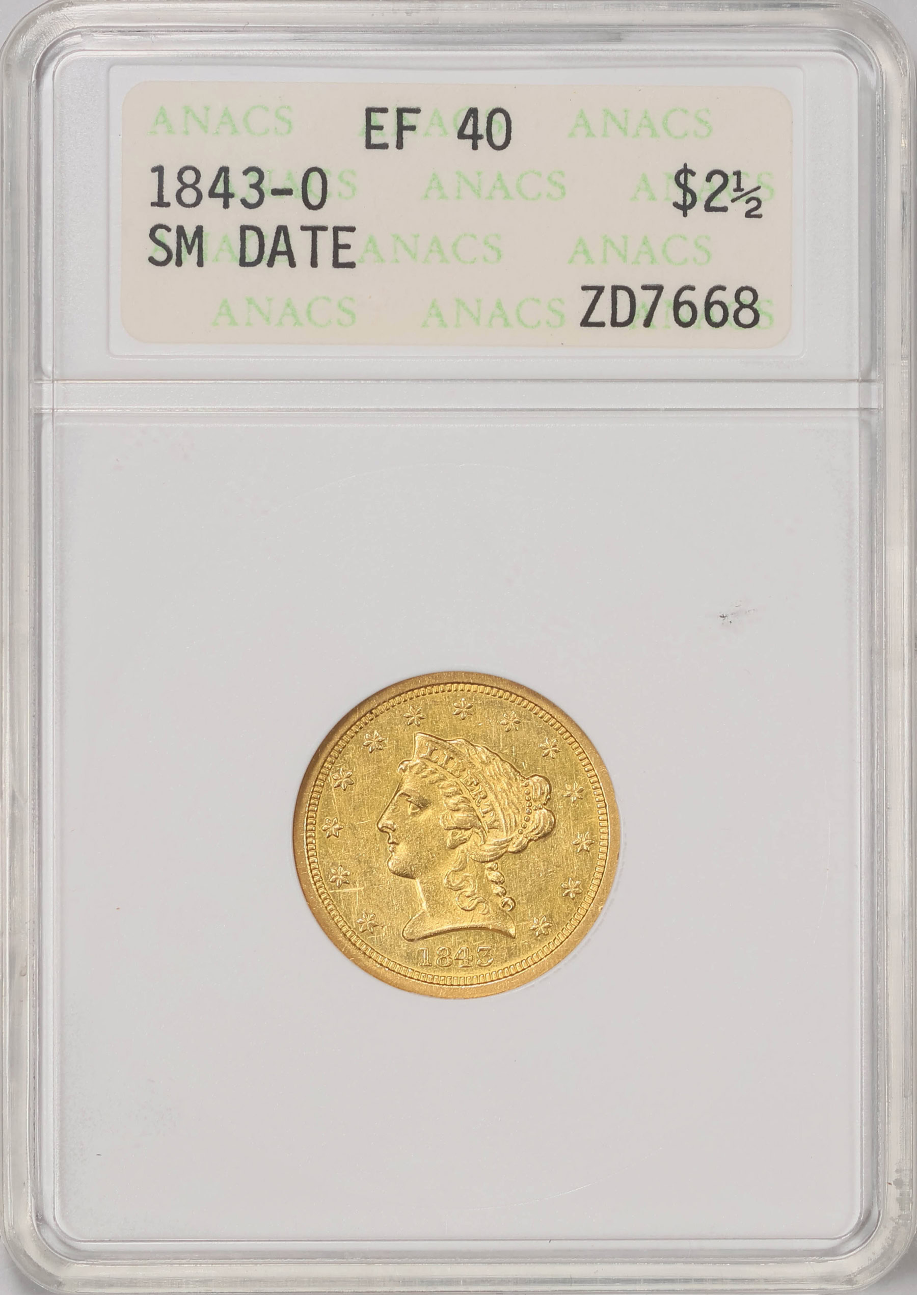1843-O Liberty Gold Quarter Eagle Small Date, Crosslet 4 ANACS XF-40 OH (Item 1643202 ...