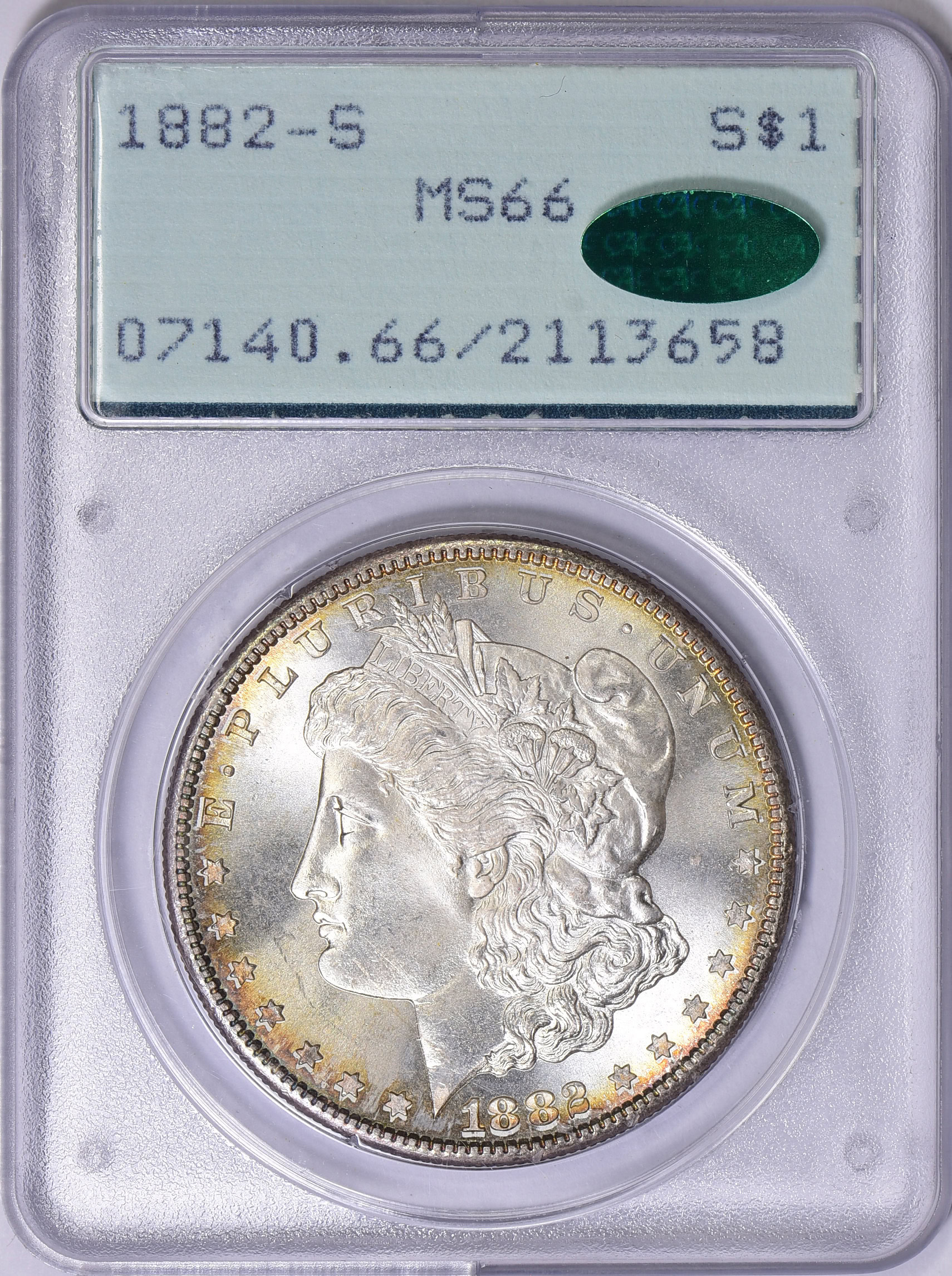 1882-S Morgan Silver Dollar PCGS MS-66 (CAC Green) OGH (1st Gen) (Toned) (Item 1643311 ...