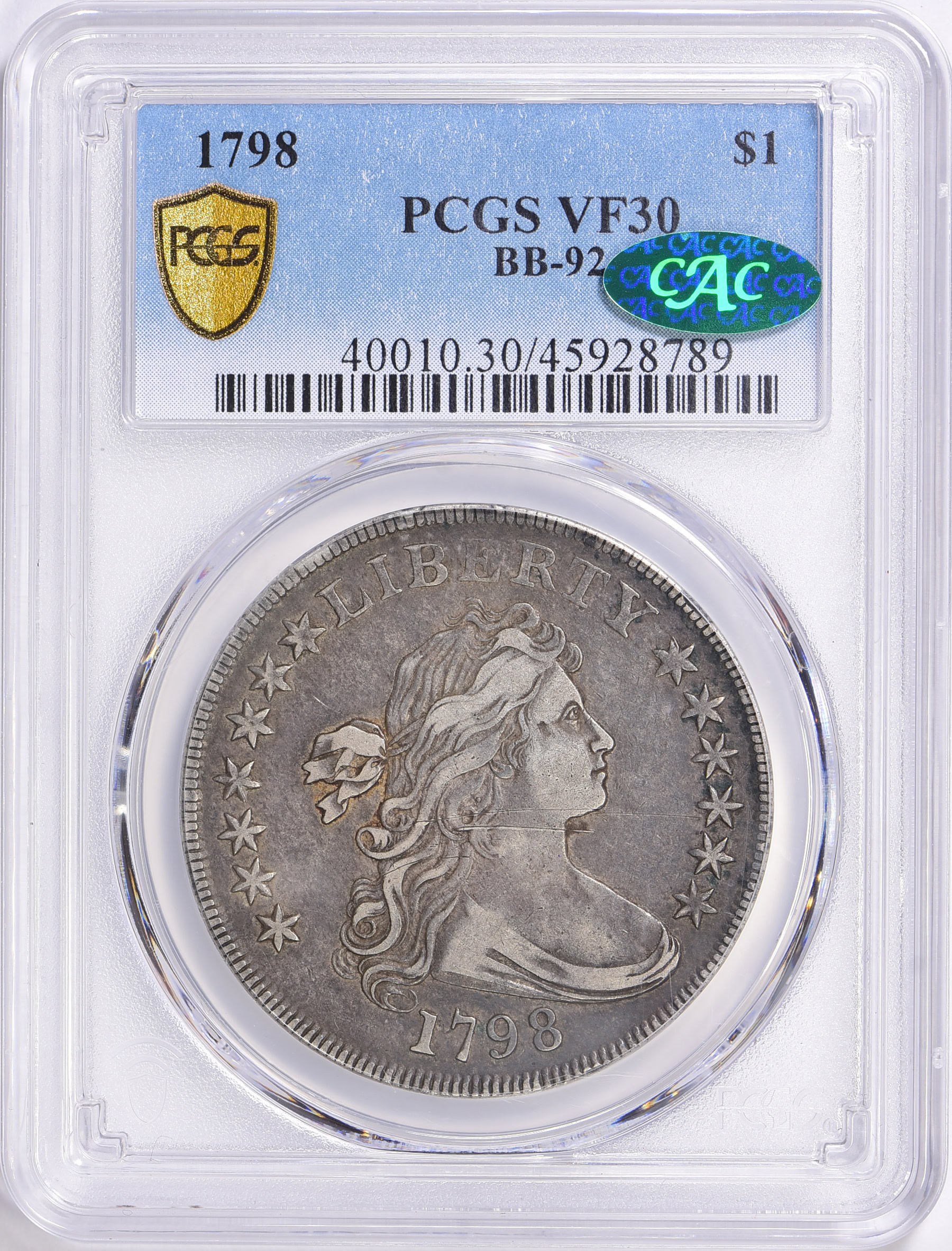 1798 Draped Bust Silver Dollar BB-92 PCGS VF-30 (CAC Green) (Item 1643531) | GreatCollections ...