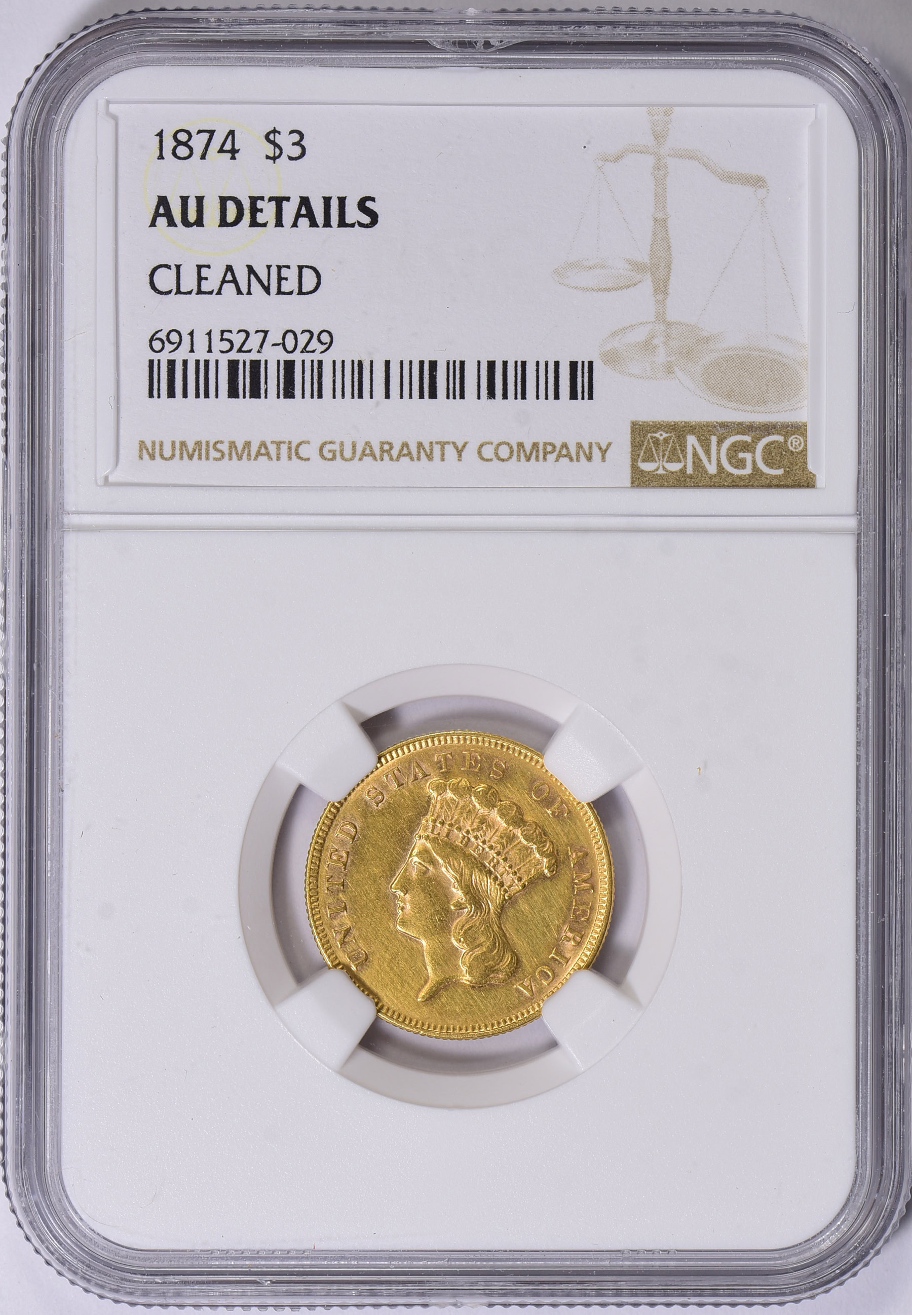 1874 Three-Dollar Gold Piece NGC AU Details (Item 1643742 ...