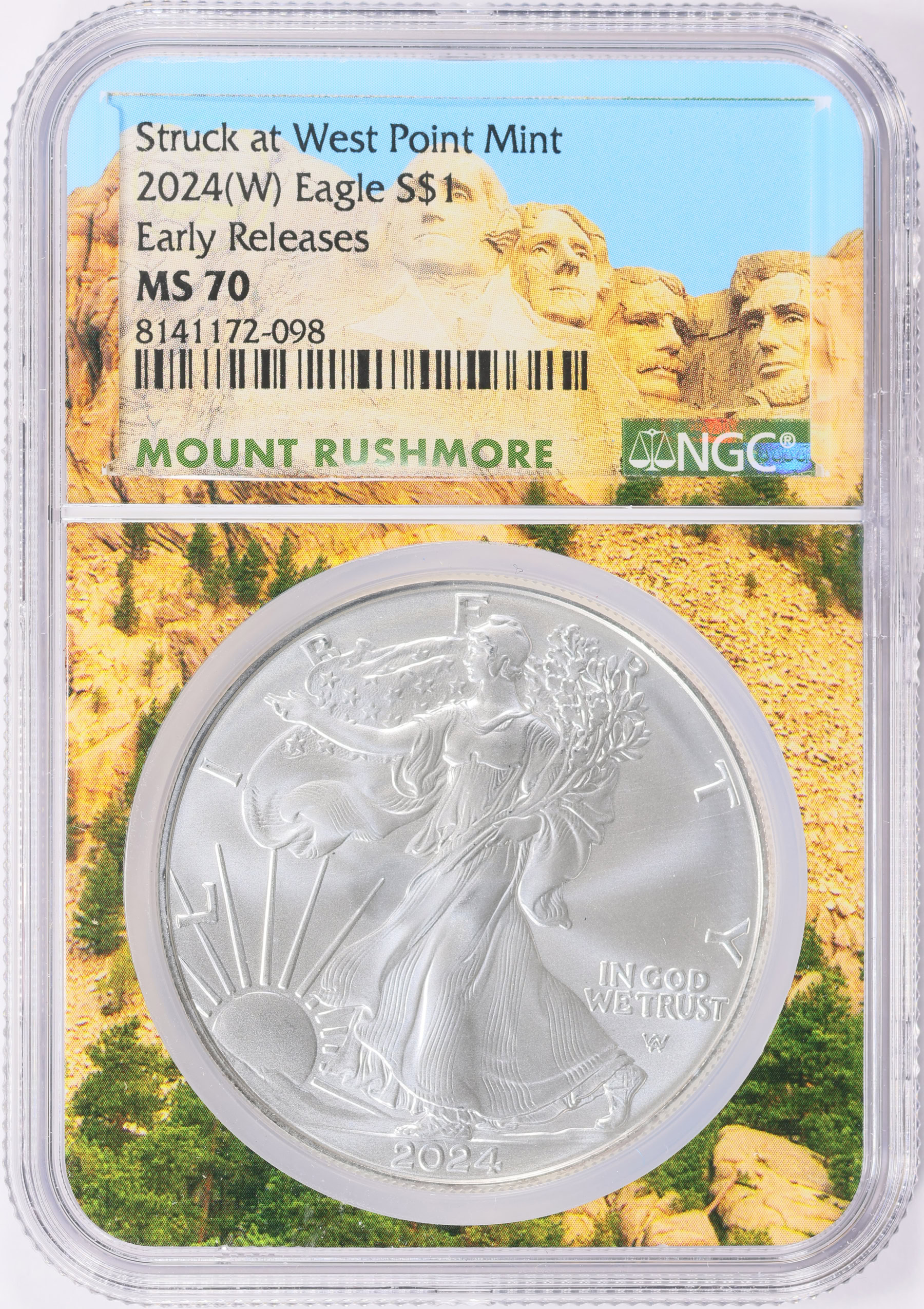 2024-(W) $1 Silver Eagle Struck at West Point Early Releases NGC MS-70 (Mount Rushmore Frame ...