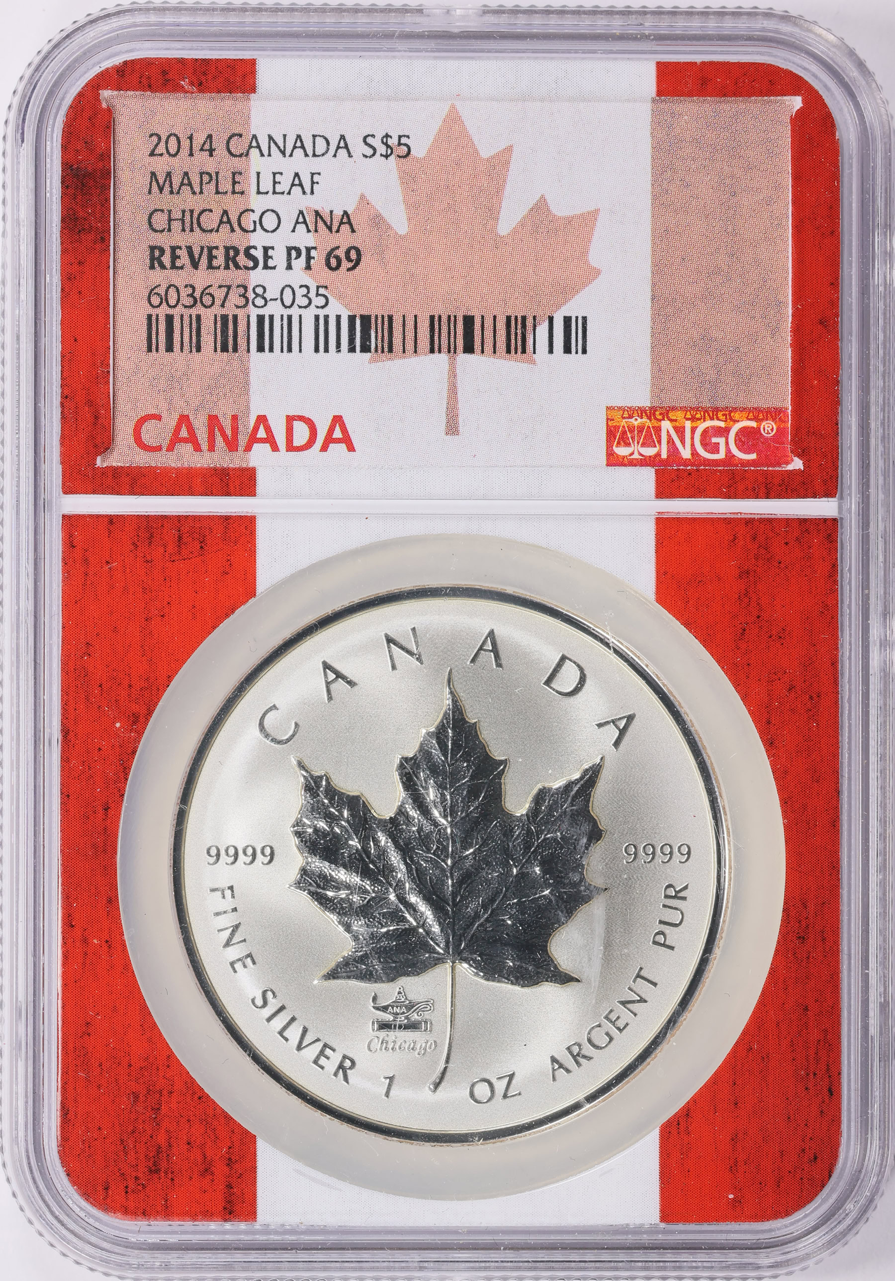 Canada 2014 Silver $5 Maple Leaf ANA Chicago Privy Reverse Proof KM ...