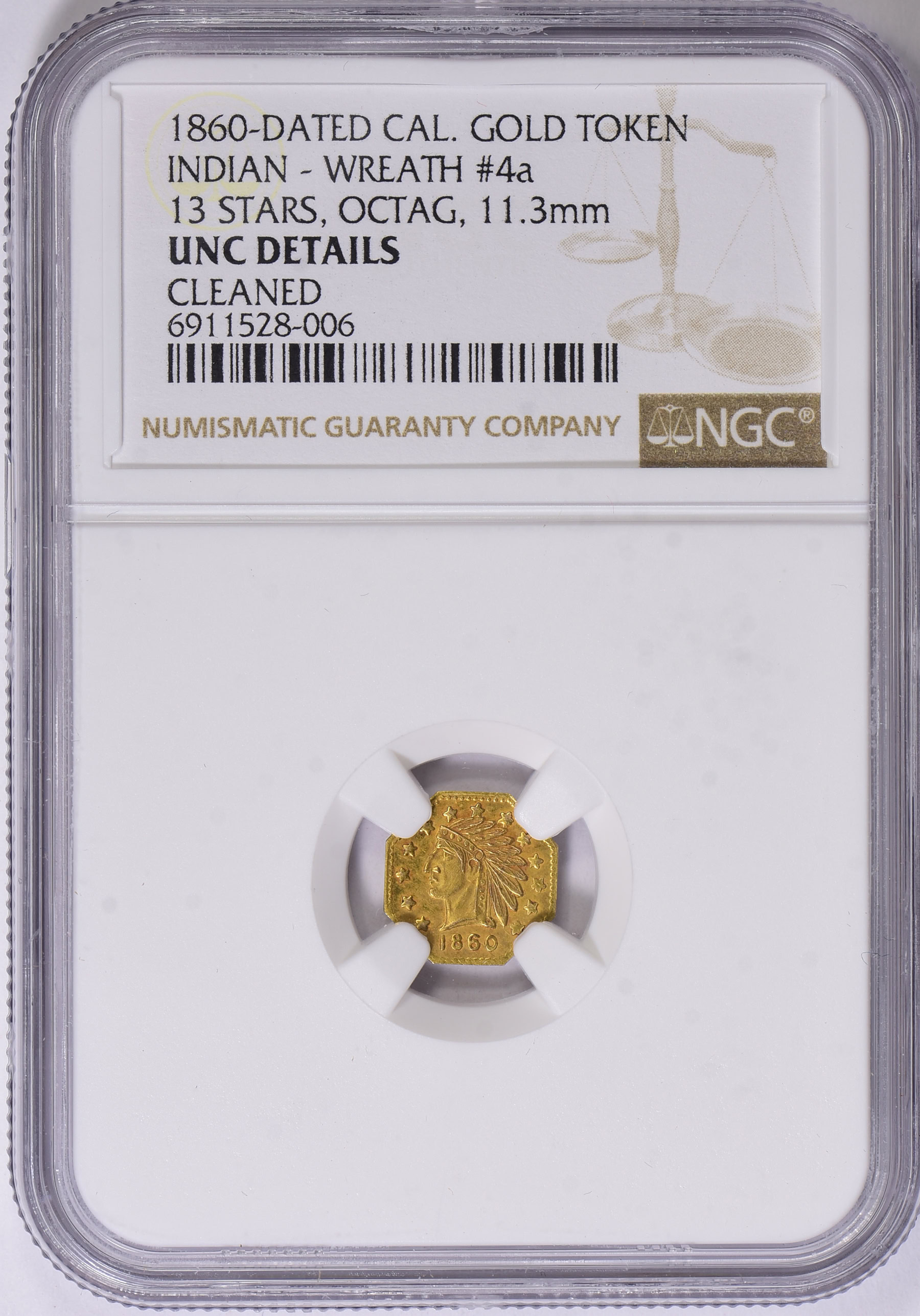 1860-Dated California Fractional Gold Octagonal 11.3mm Indian - Wreath ...