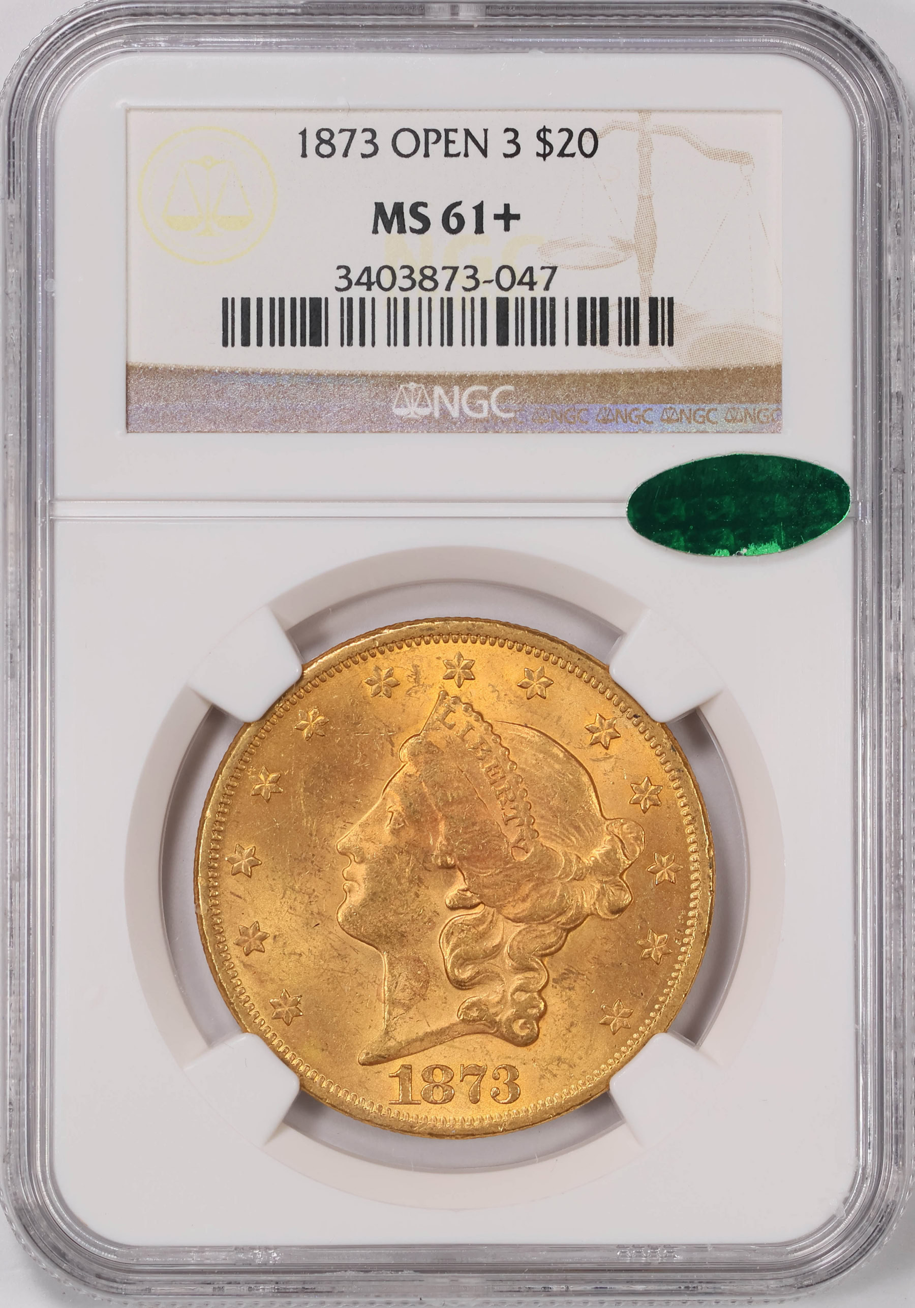 1873 Liberty Gold Double Eagle Open 3 NGC MS-61+ (CAC Green) (Item 1644140) | GreatCollections ...