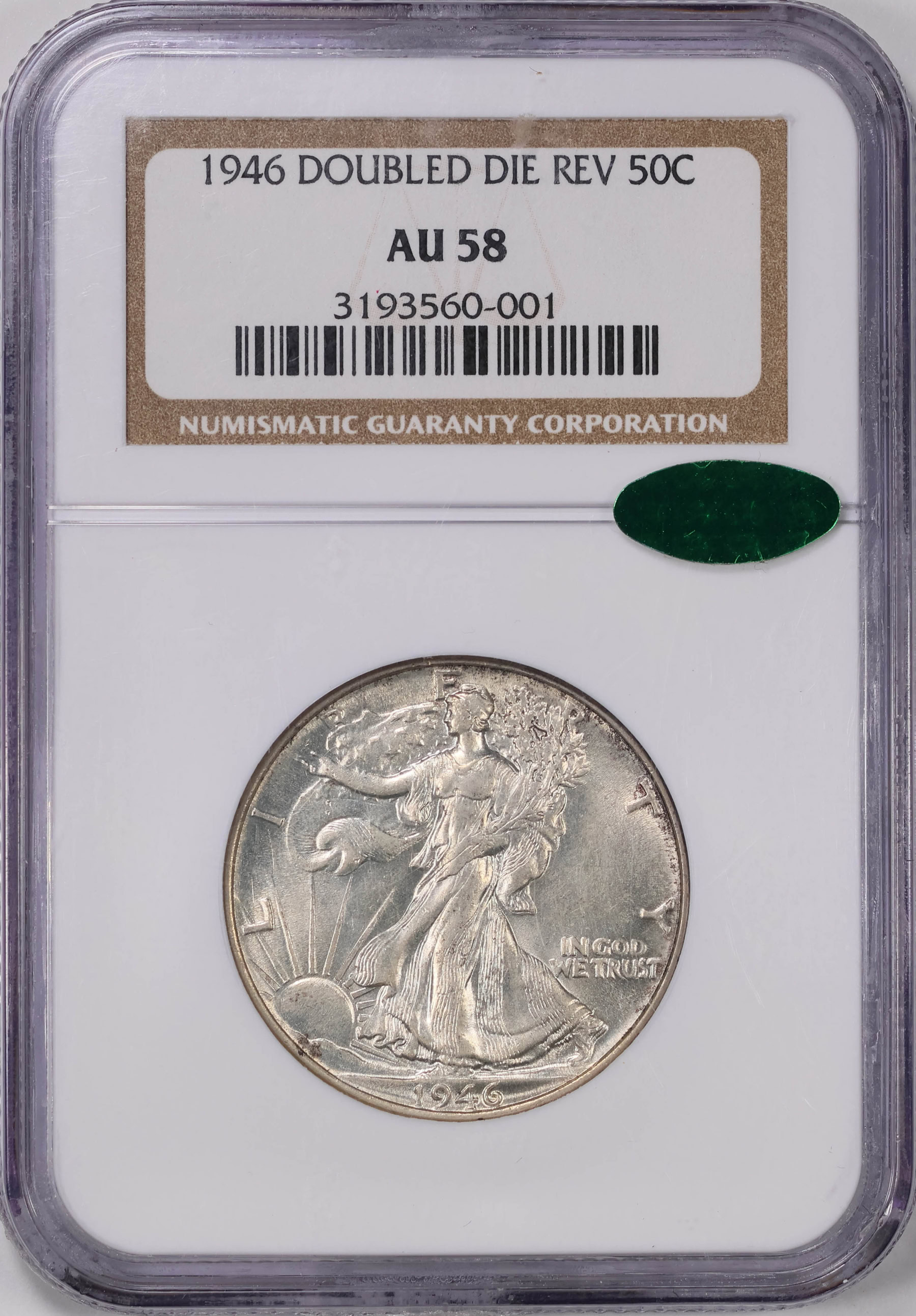 1946 Walking Liberty Half Dollar Doubled Die Reverse NGC AU-58 (CAC Green) (Item 1644142 ...