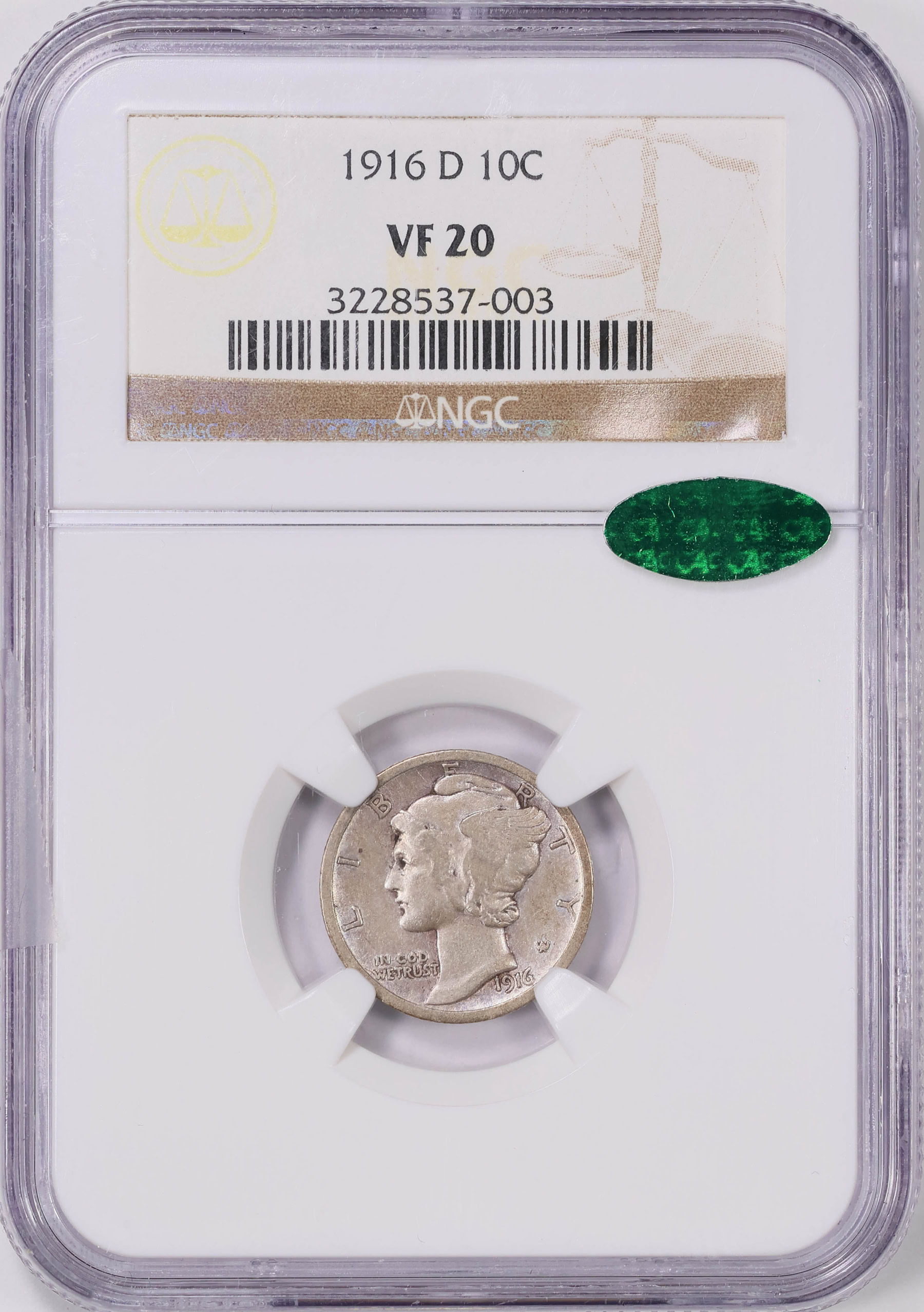 1916-D Mercury Dime NGC VF-20 (CAC Green) (Item 1644157) | GreatCollections Coin Auctions