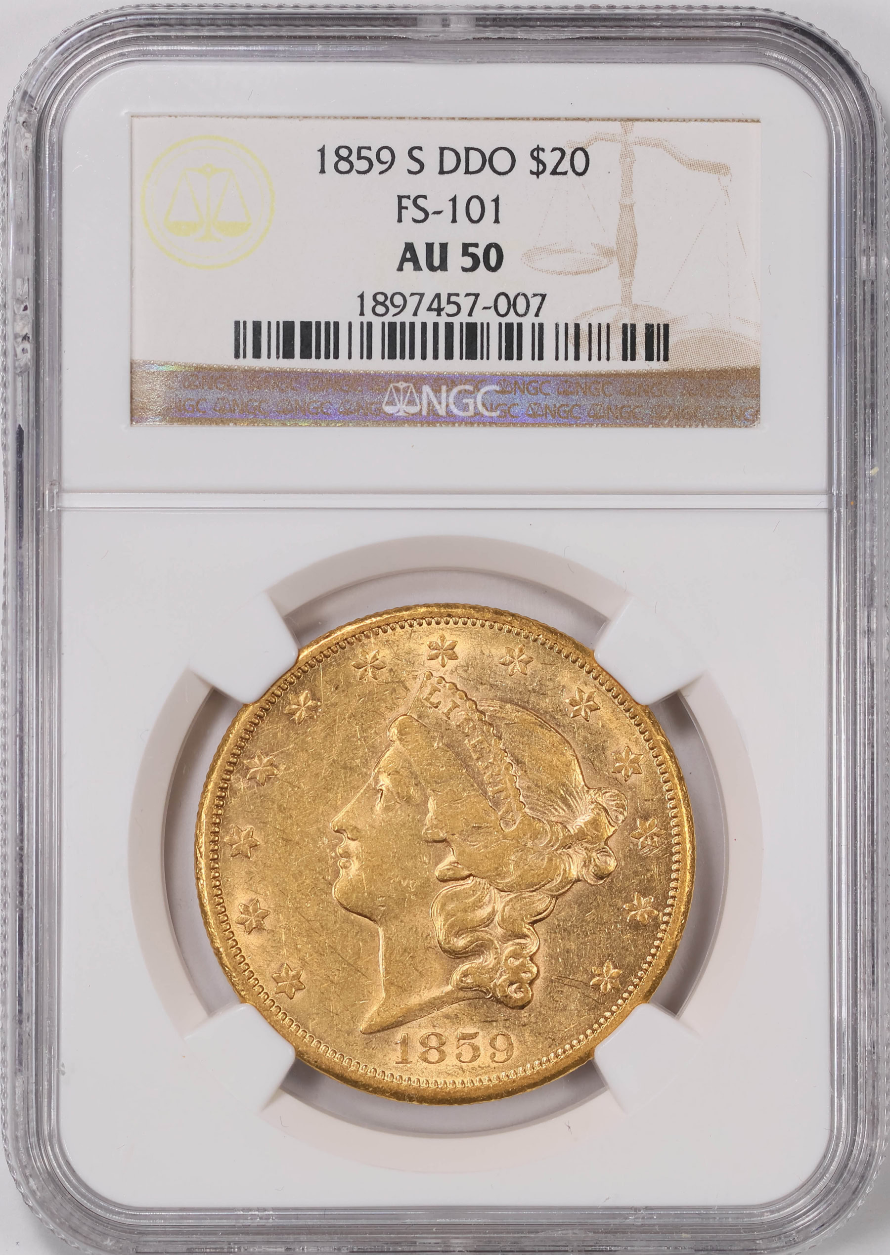 1859-S Liberty Gold Double Eagle DDO FS-101 NGC AU-50 (Item 1644161) | GreatCollections Coin ...
