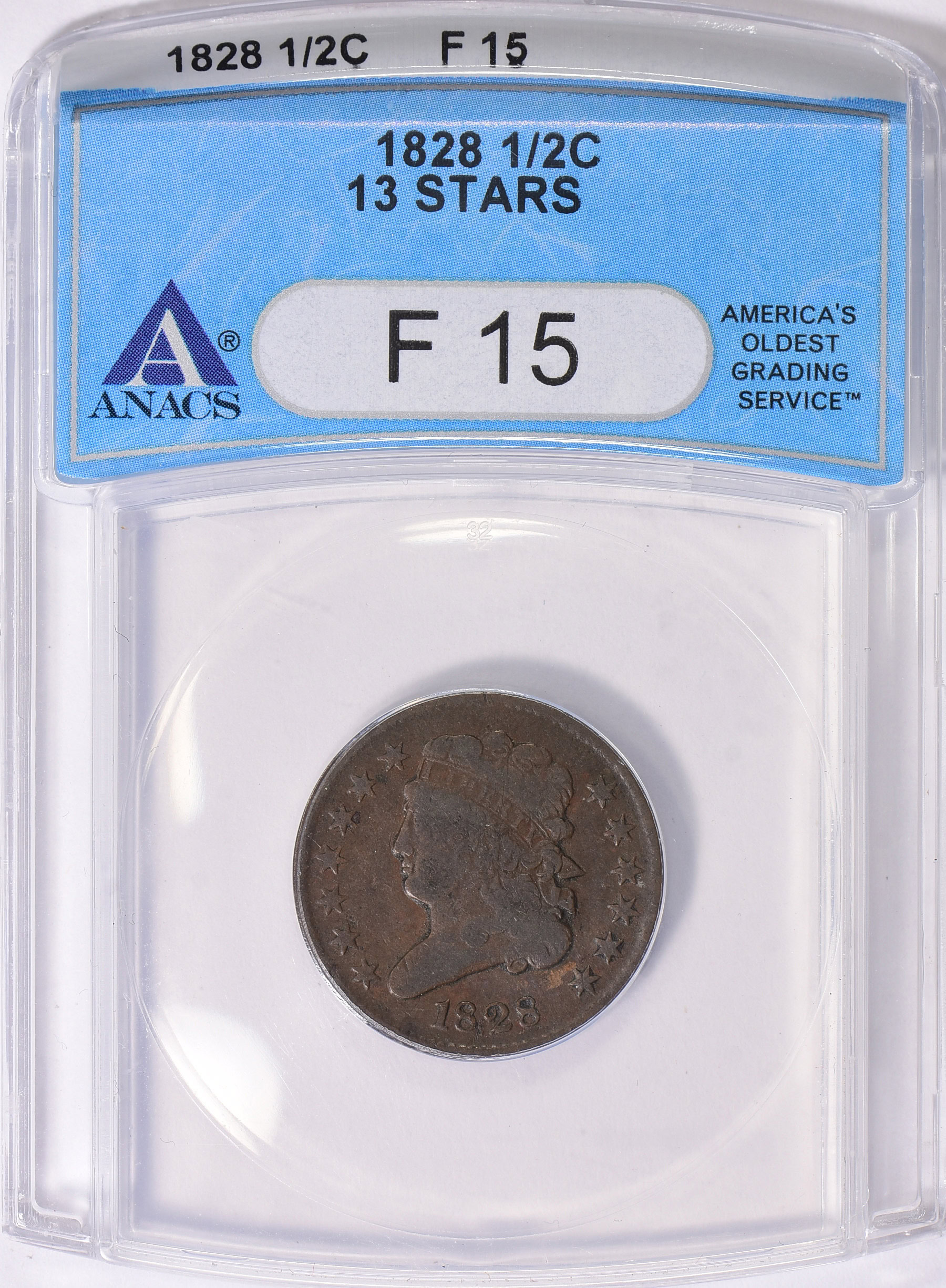 1828 Classic Half Cent 13 Stars ANACS F-15 (Item 1644184) | GreatCollections Coin Auctions