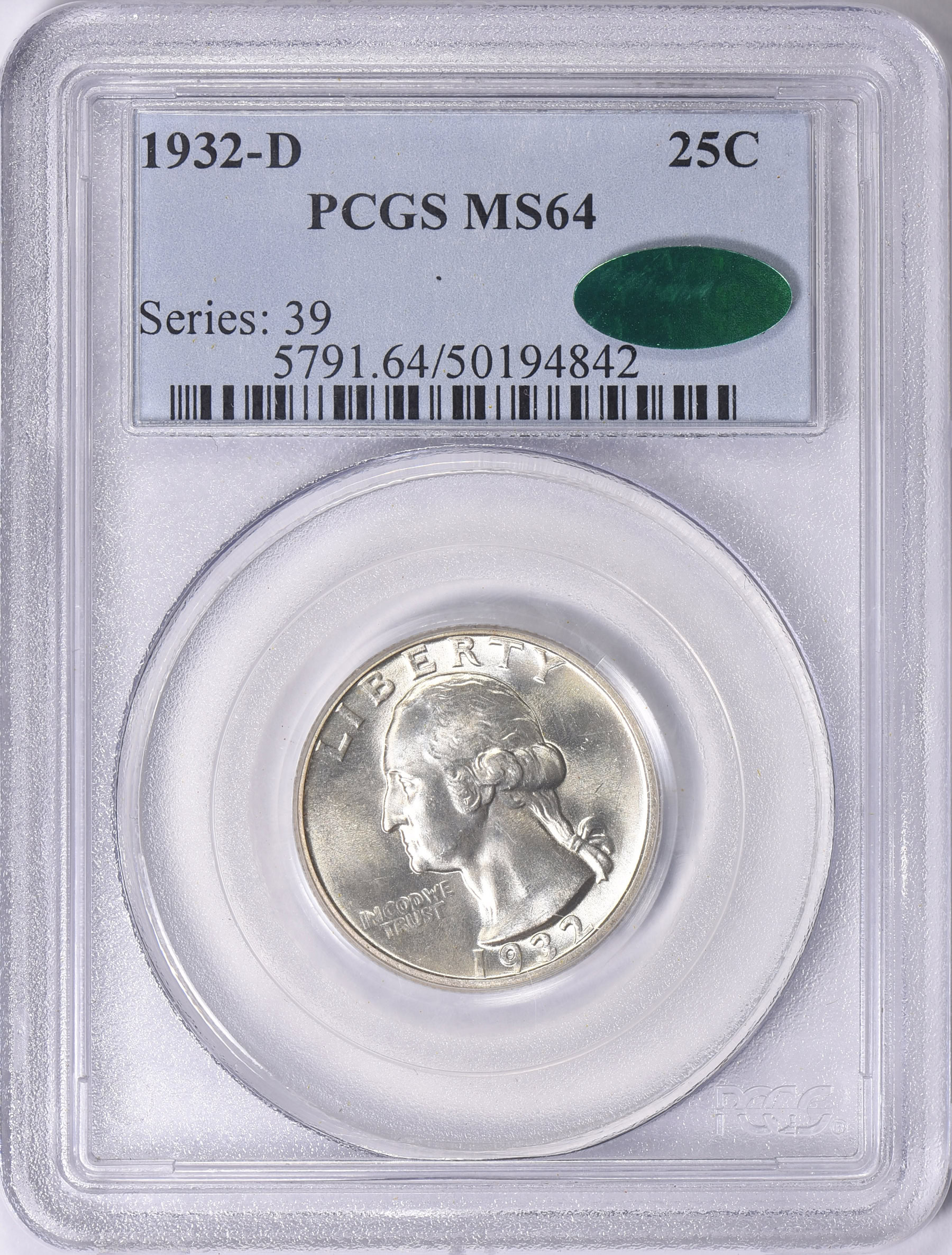 1932-D Washington Quarter PCGS MS-64 (CAC Green) (Item 1644526) | GreatCollections Coin Auctions