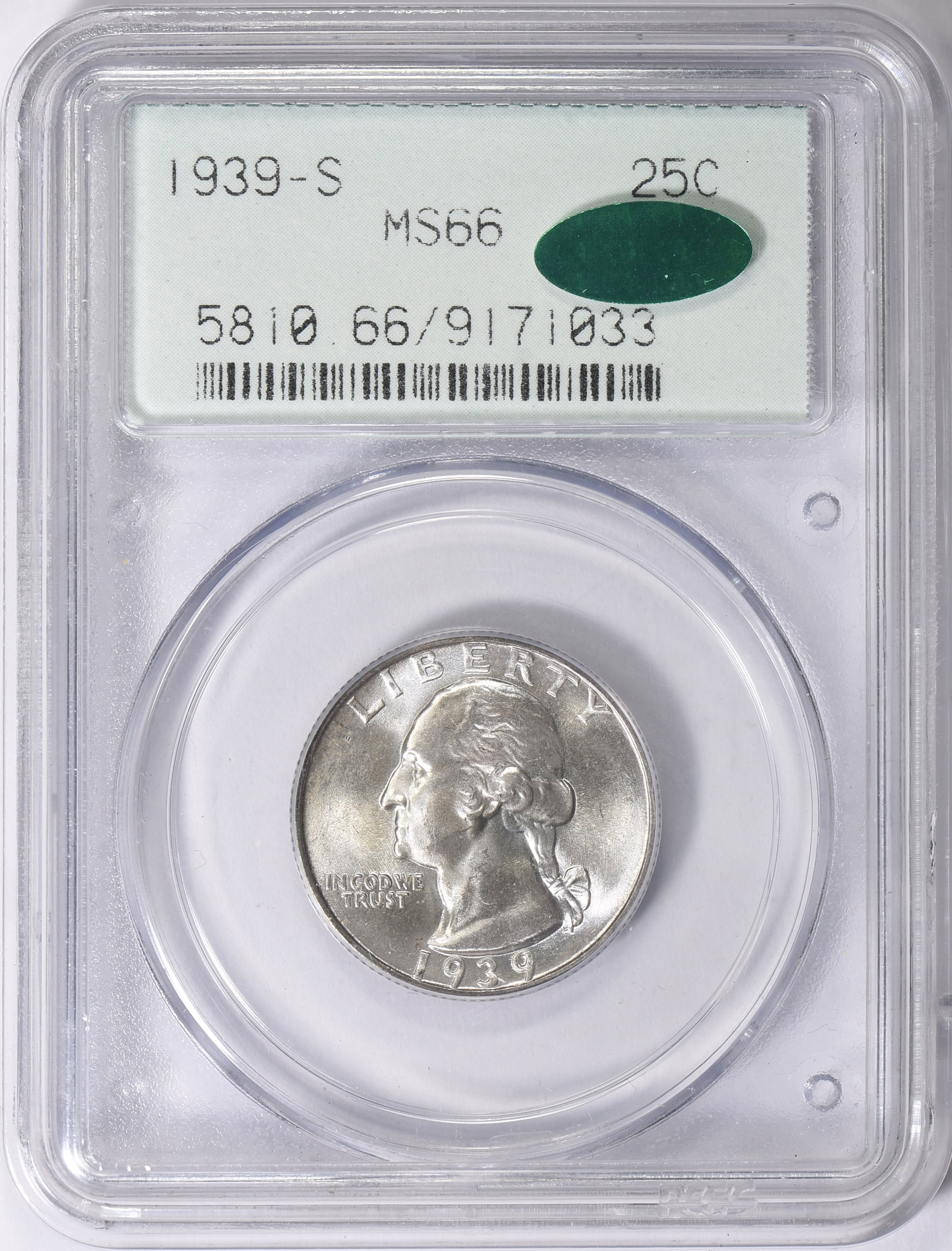 1939-S Washington Quarter PCGS MS-66 (CAC Green) OGH (2nd Gen) (Item 1644528) | GreatCollections ...