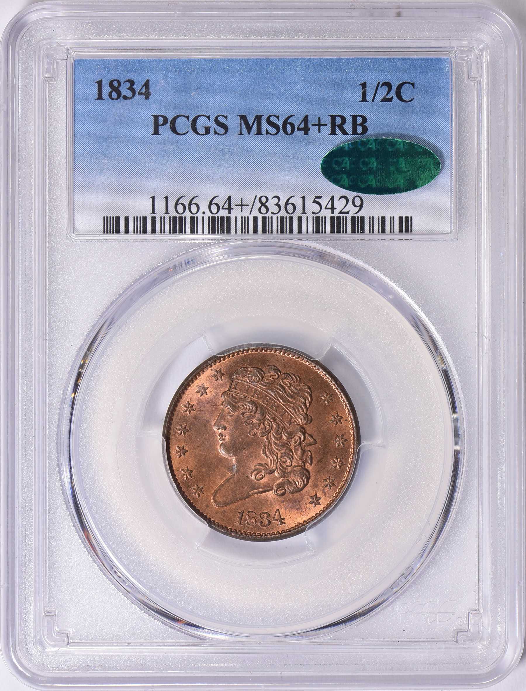 1834 Classic Half Cent PCGS MS-64+ RB (CAC Green) (Item 1644568) | GreatCollections Coin Auctions