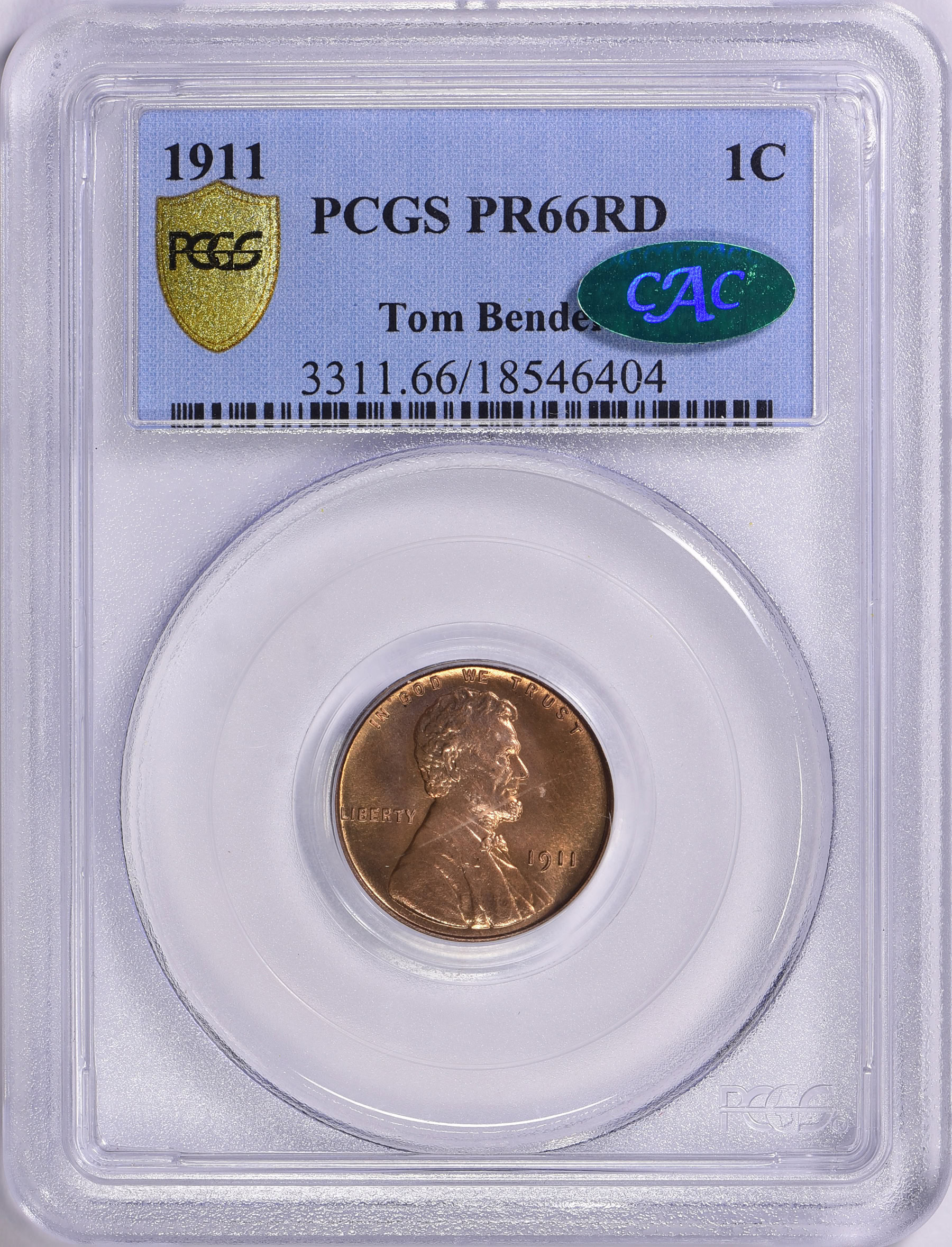 1911 Lincoln Cent PCGS Proof-66 RD (CAC Green) (Tom Bender Collection) (Item 1644587 ...