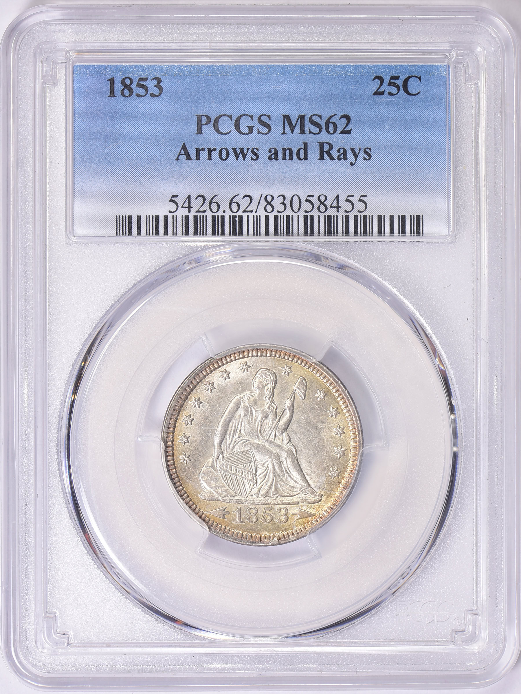 1853 Seated Liberty Quarter Arrows and Rays PCGS MS-62 (Toned) (Item ...