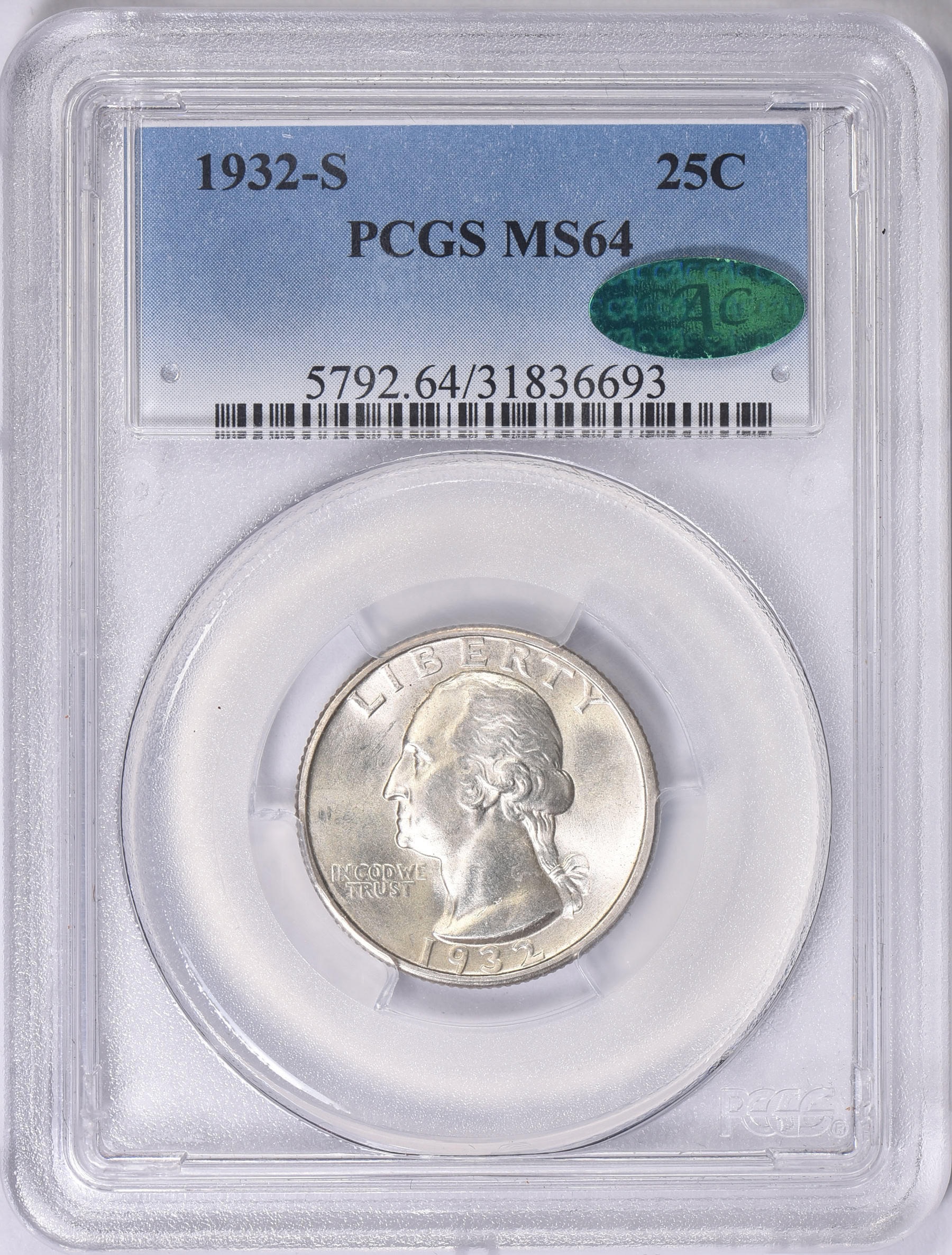 1932-S Washington Quarter PCGS MS-64 (CAC Green) (Item 1644669) | GreatCollections Coin Auctions