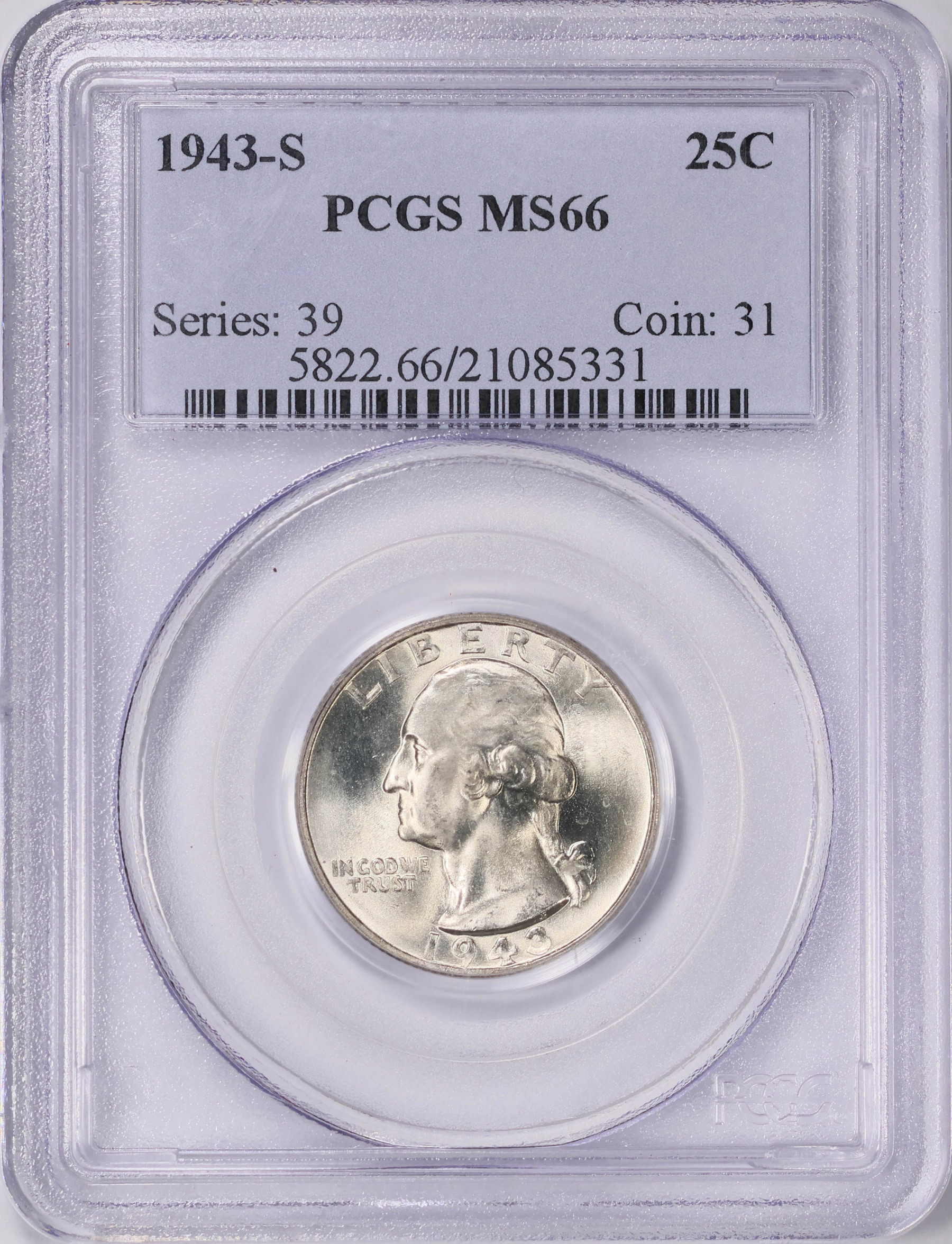 1943-S Washington Quarter PCGS MS-66 (Item 1644705) | GreatCollections Coin Auctions