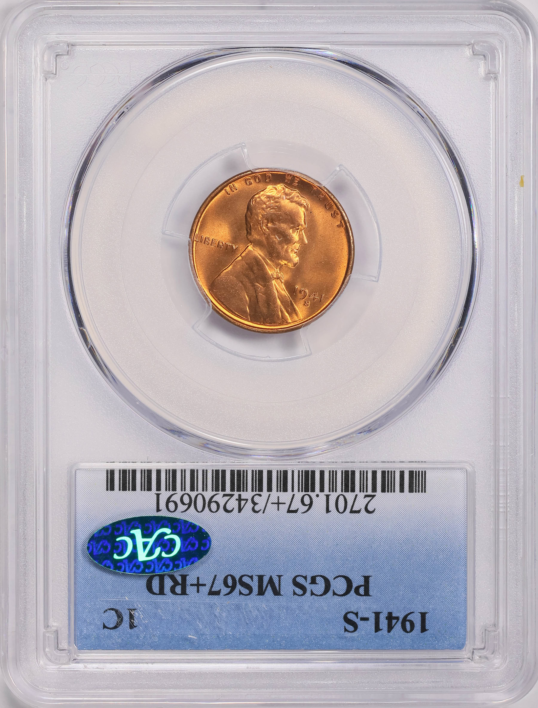 1941-S Lincoln Cent PCGS MS-67+ RD (CAC Green) (Item 1644812) | GreatCollections Coin Auctions