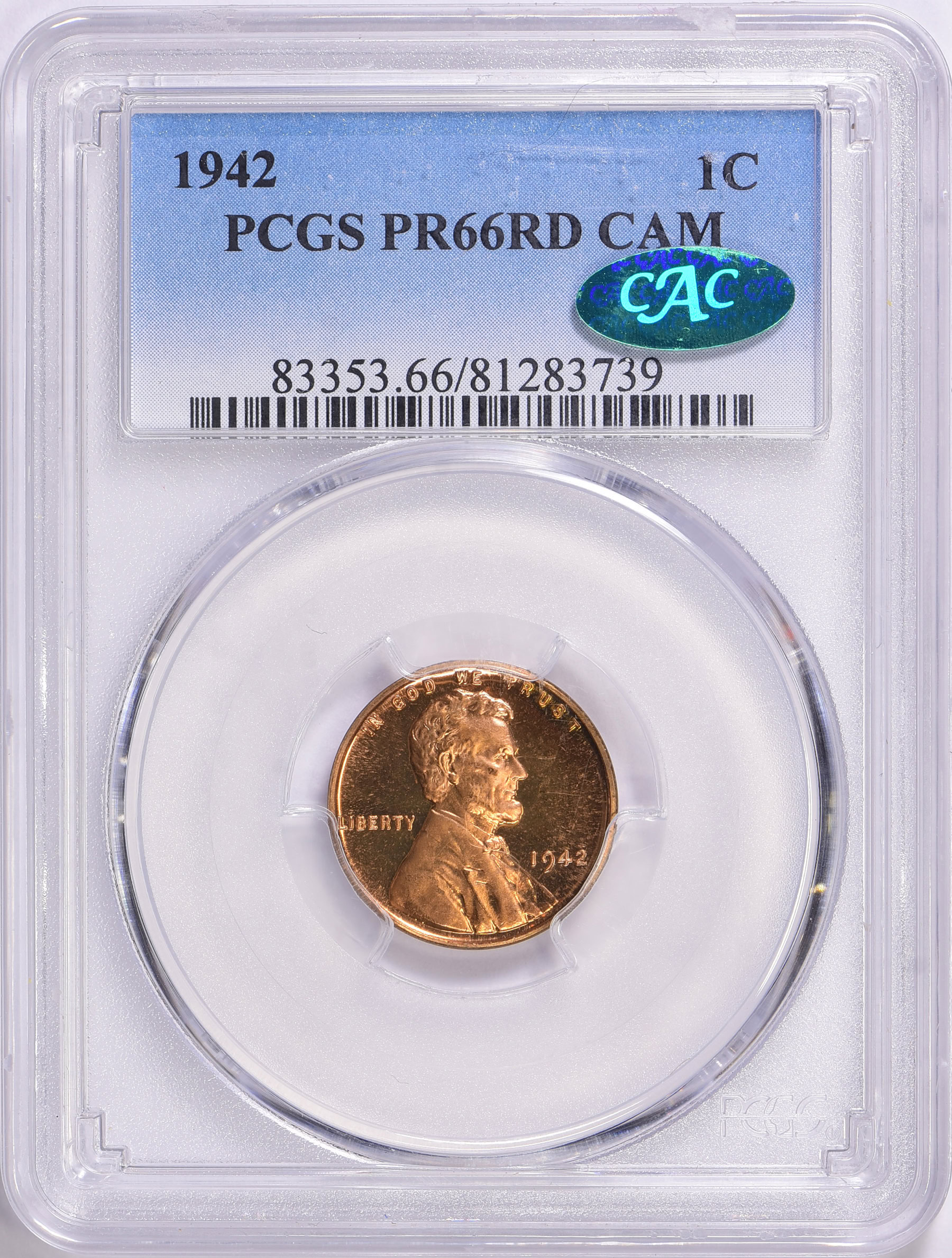 1942 Lincoln Cent PCGS Proof-66 CAMEO RD (CAC Green) (Item 1644814) | GreatCollections Coin Auctions