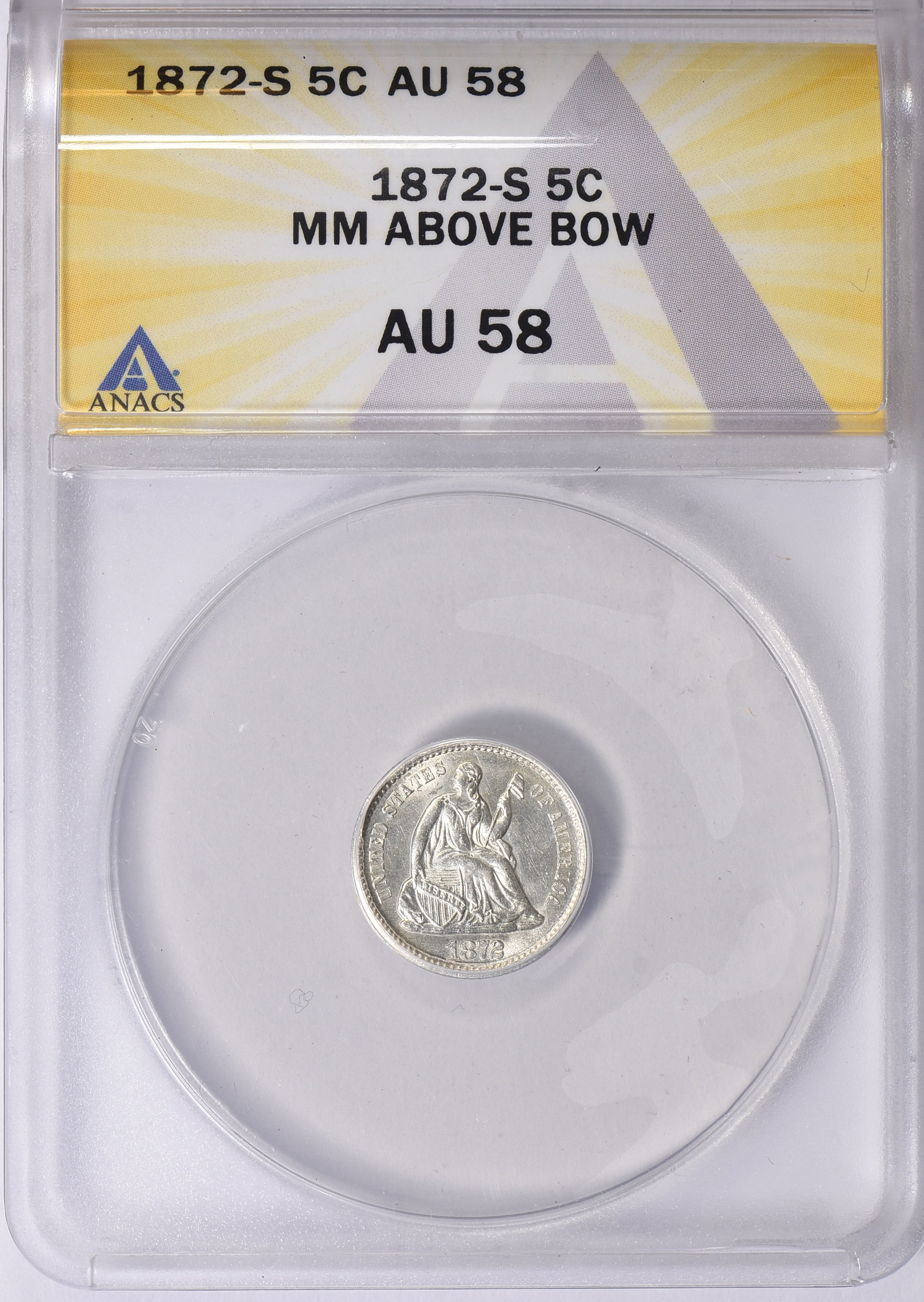1872-S Seated Liberty Half Dime Mintmark Above Bow ANACS AU-58 (Item 1645064) | GreatCollections ...