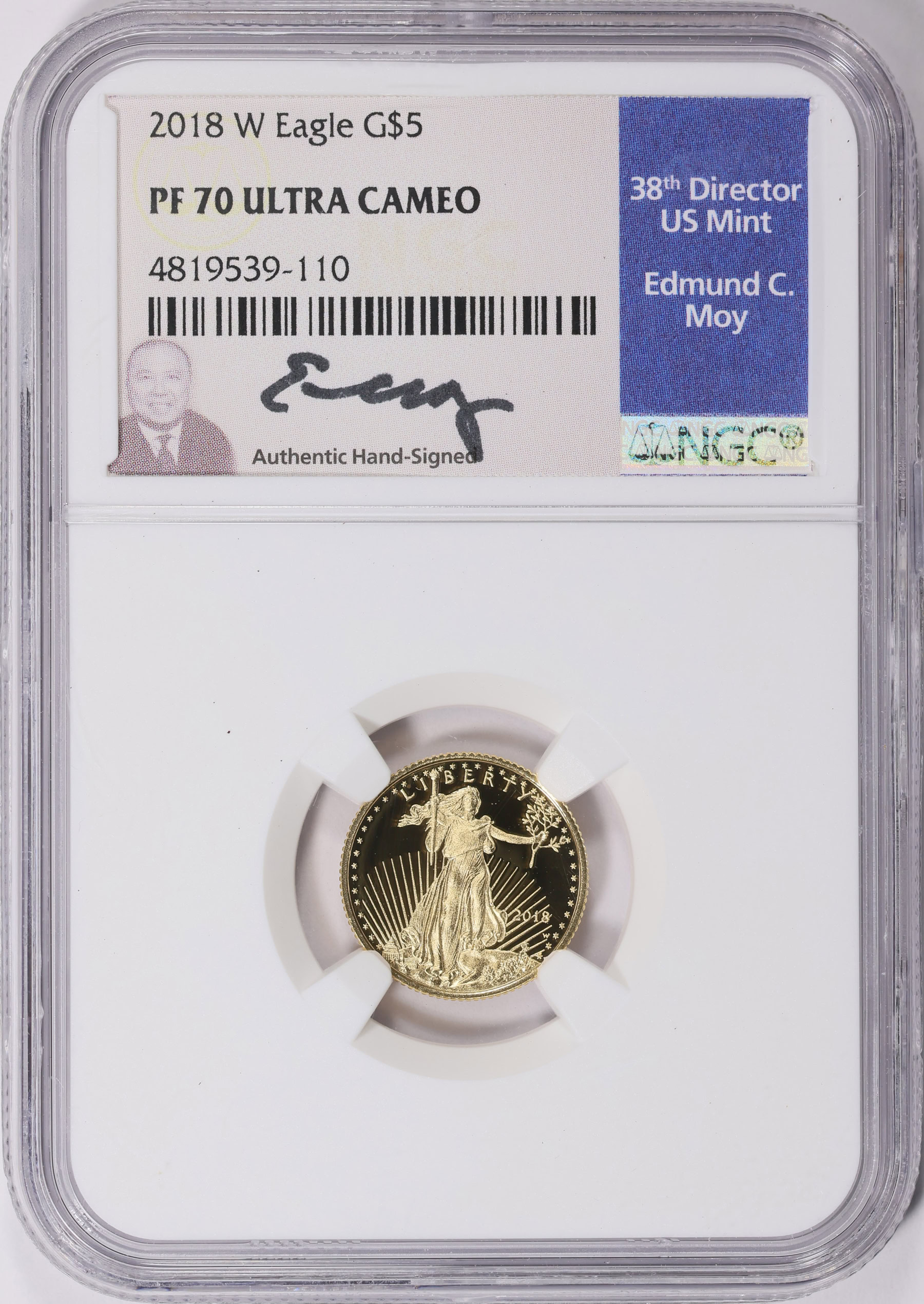 2018-W $5 Tenth-Ounce Gold American Eagle NGC Proof-70 UC (Moy Signed Label) (Item 1645407 ...