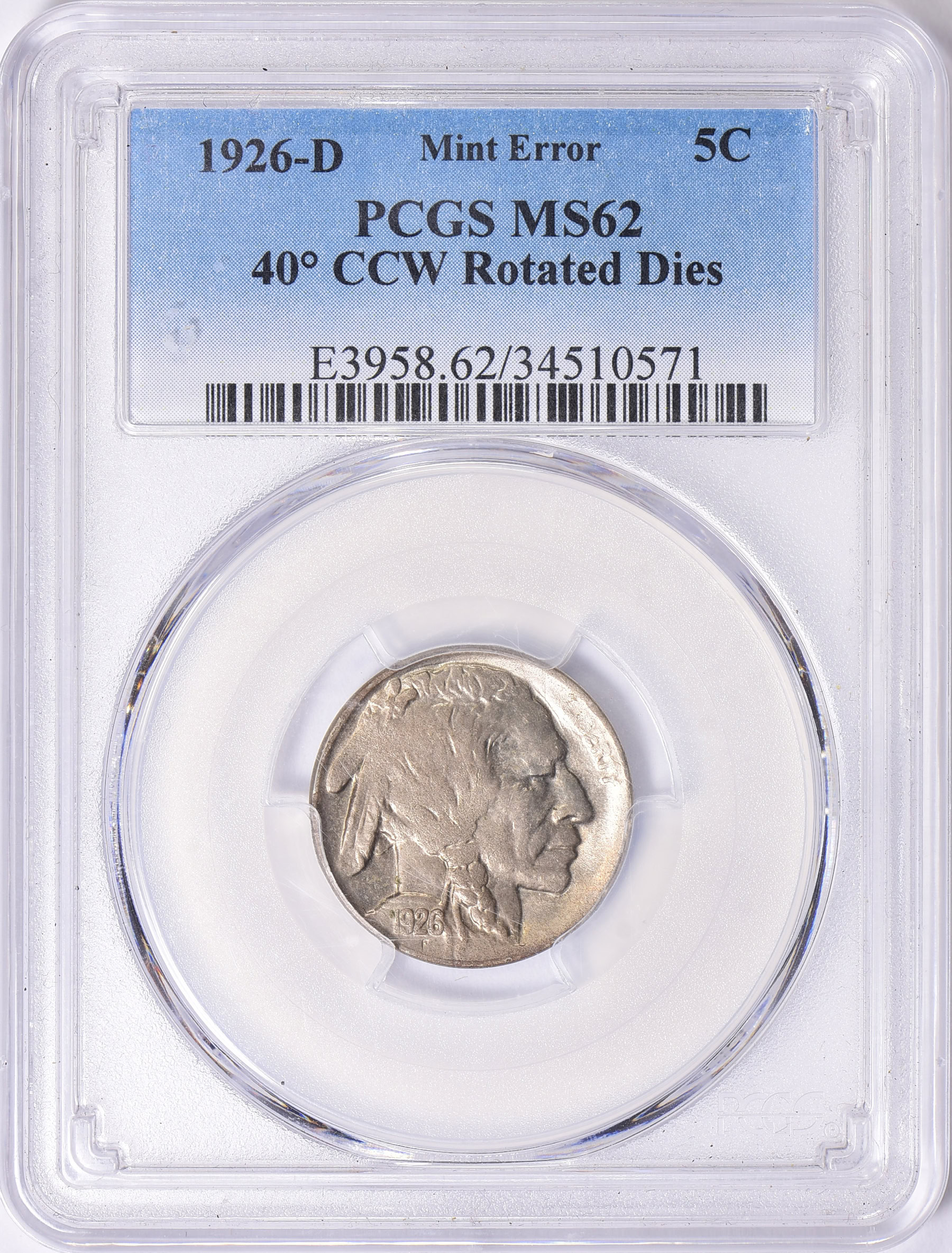 Mint Error 1926-D Buffalo Nickel 40 Percent Rotated Dies PCGS MS-62 ...