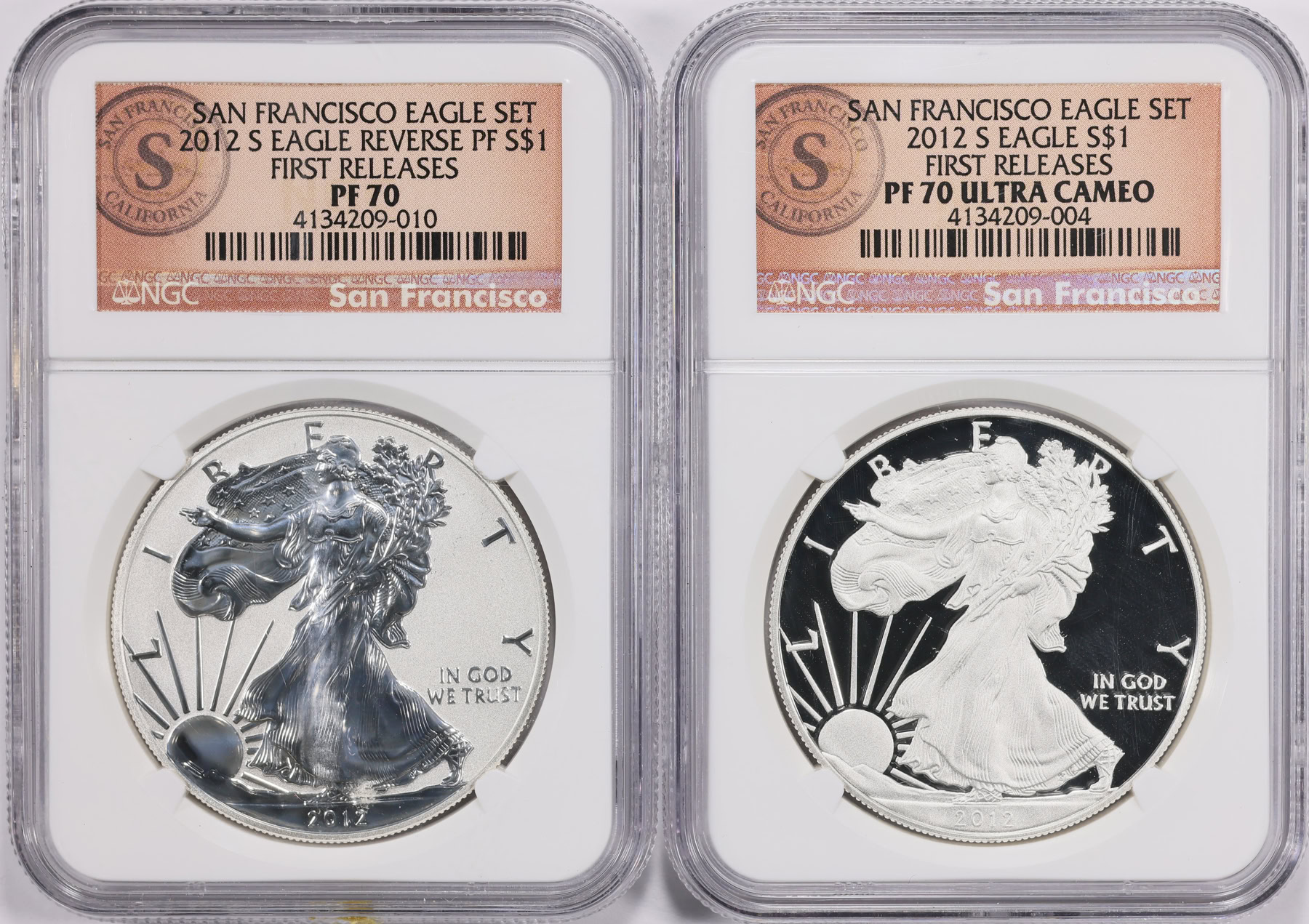 2012-S $1 Silver Eagle Proof & Reverse Proof 75th Anniversary SF Mint ...