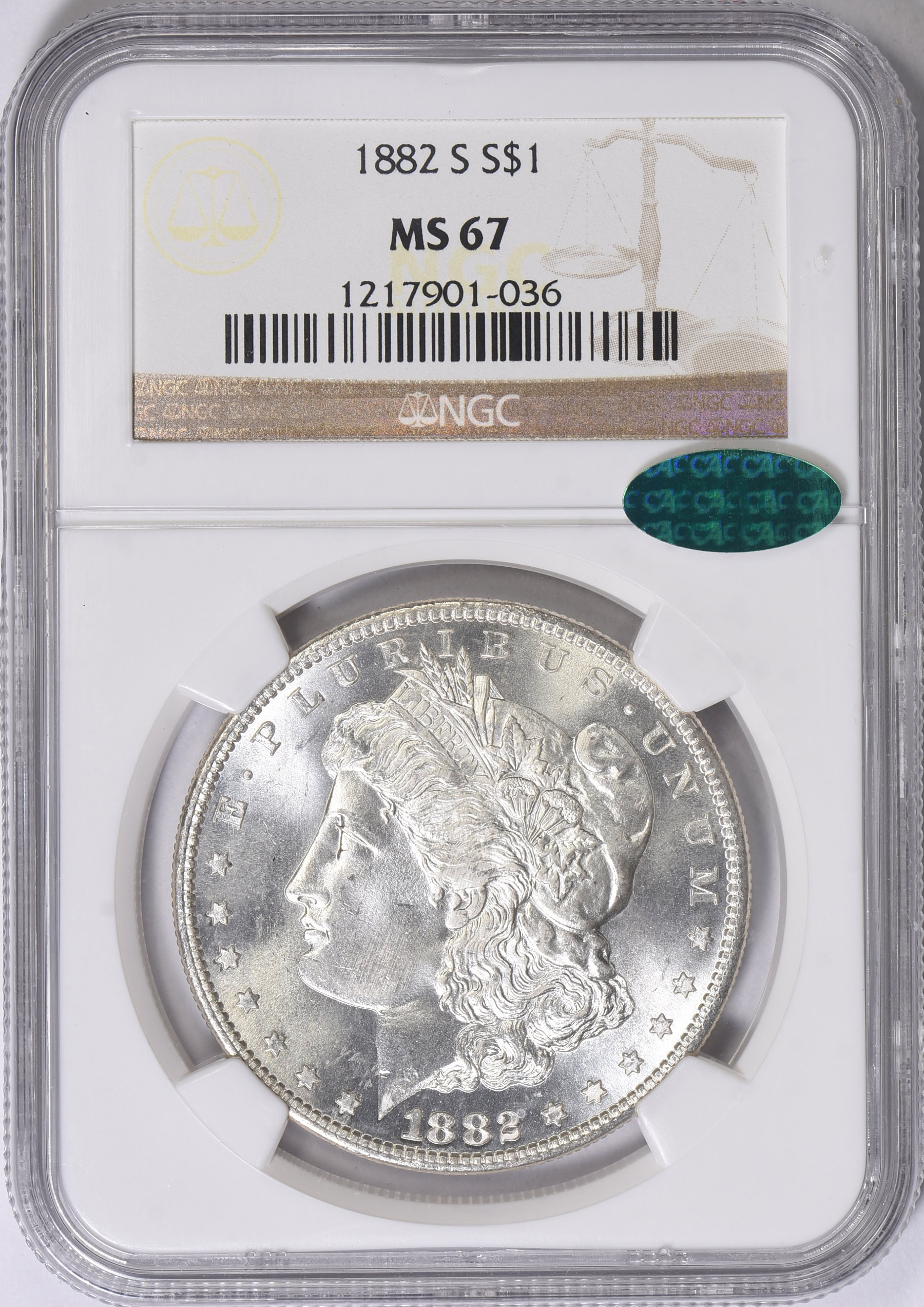 1882-S Morgan Silver Dollar NGC MS-67 (CAC Green) (Item 1645694) | GreatCollections Coin Auctions