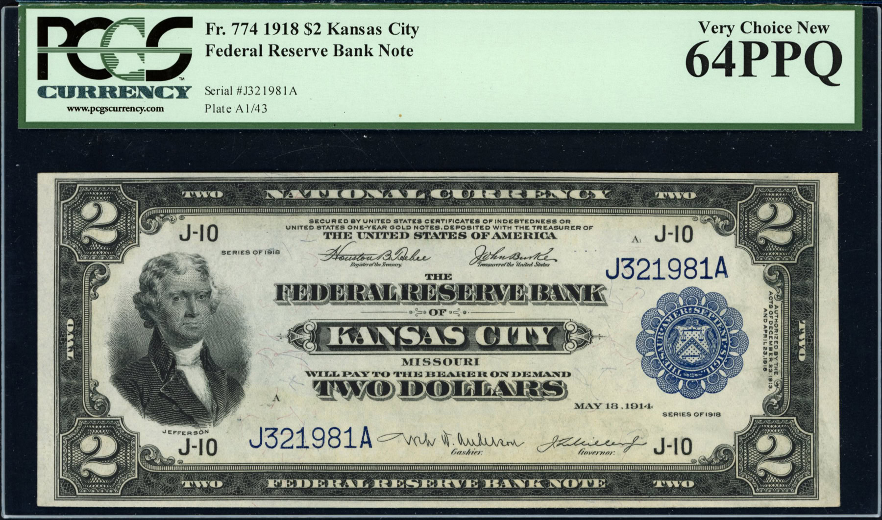 Fr. 774 1918 $2 Kansas City Federal Reserve Bank Note Teehee / Burke ...