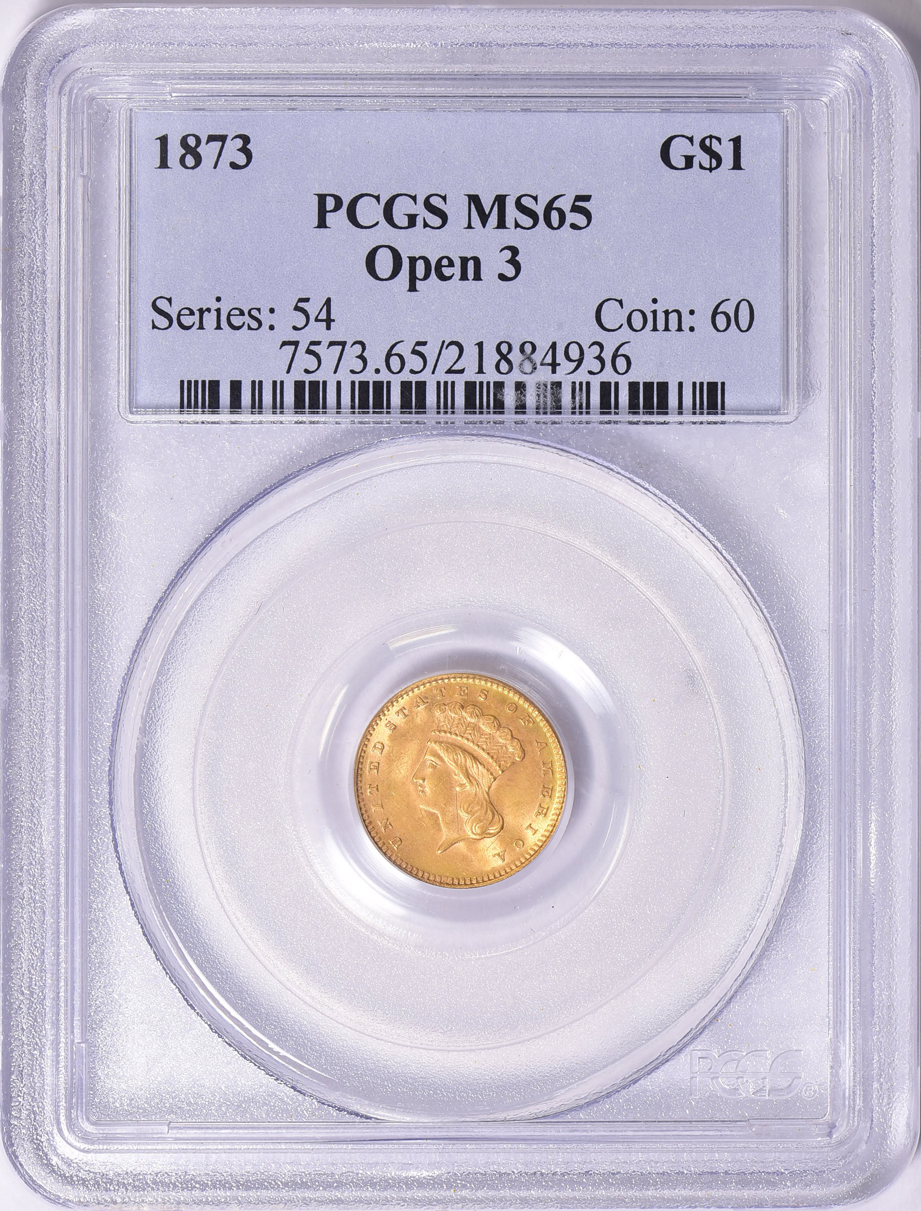 1873 Indian Princess Gold Dollar Open 3 PCGS MS-65 (Item 1646016) | GreatCollections Coin Auctions