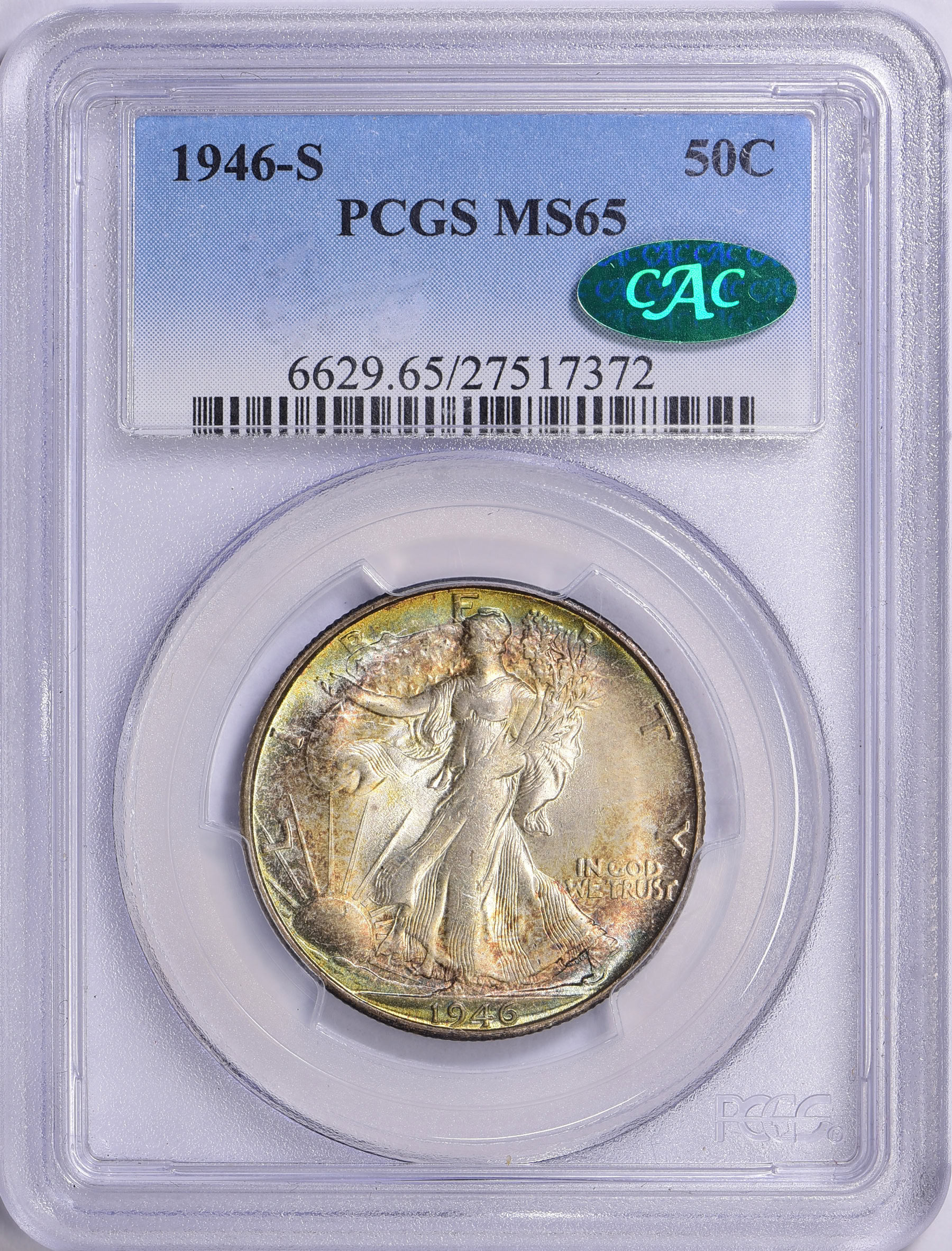 1946-S Walking Liberty Half Dollar PCGS MS-65 (CAC Green) (Toned) (Item 1646143 ...