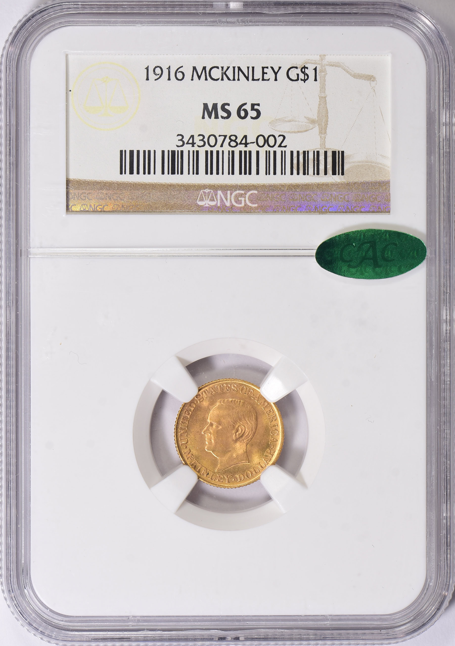 1916 McKinley Gold Dollar NGC MS-65 (CAC Green) (Item 1646196 ...