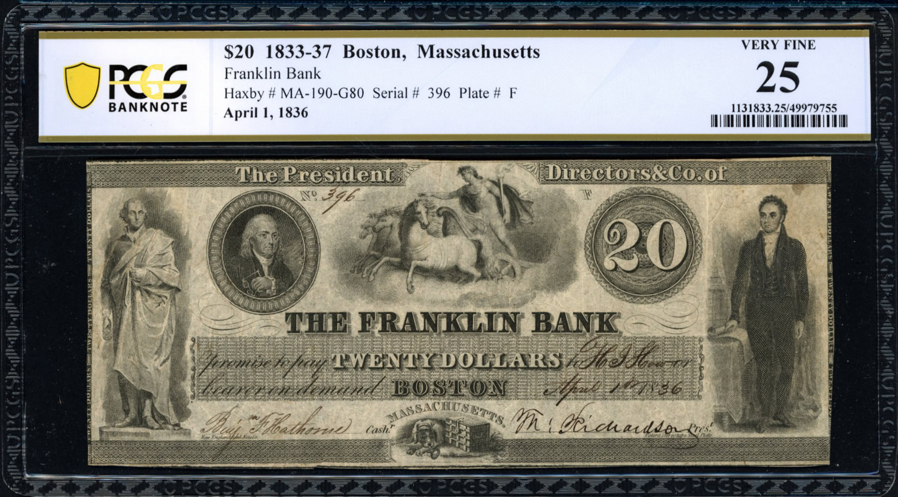 Apr. 1, 1836 Boston, Massachusetts Franklin Bank $20 Note PCGS Banknote ...