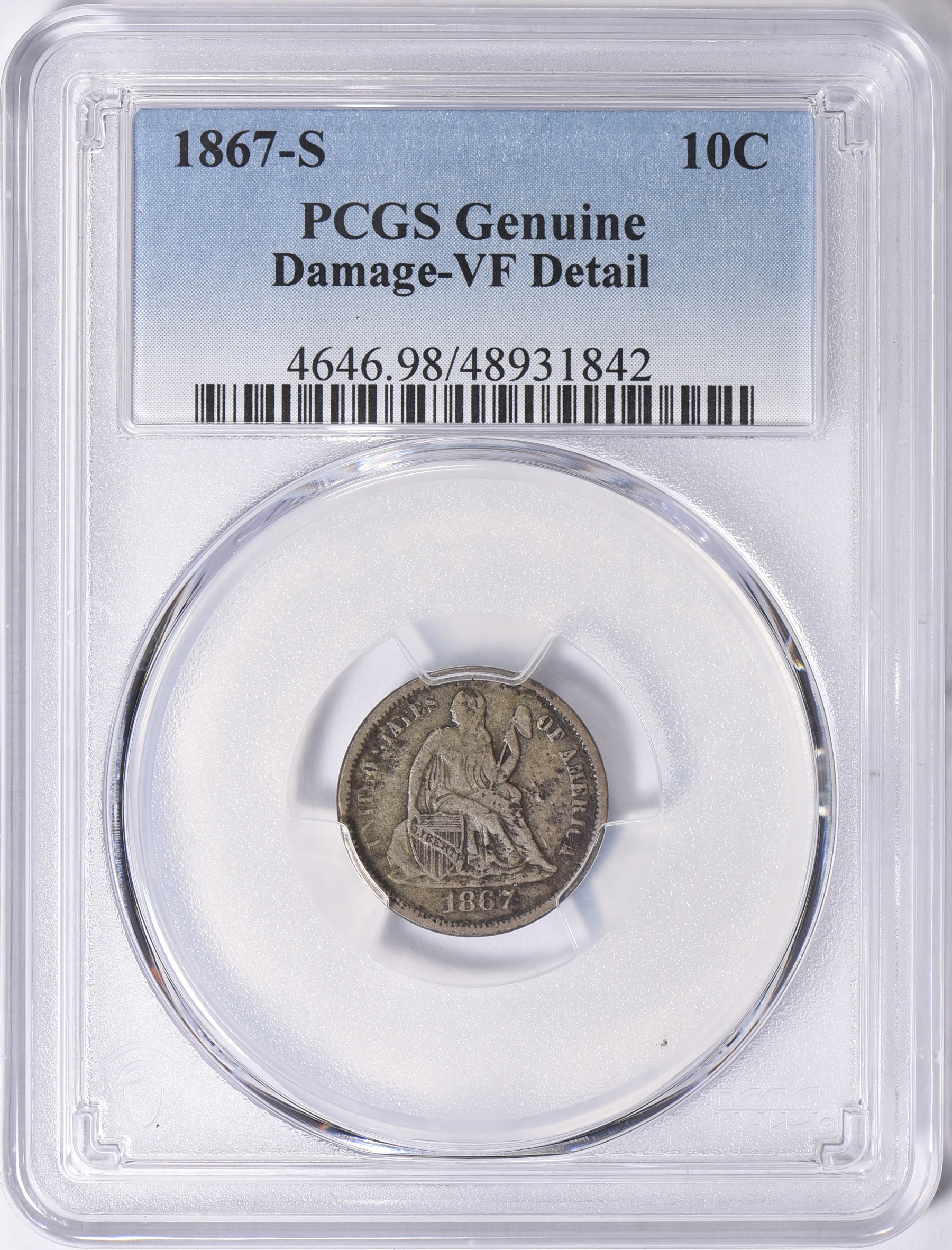 1867-S Seated Liberty Dime PCGS Genuine VF Details (Item 1646742 ...