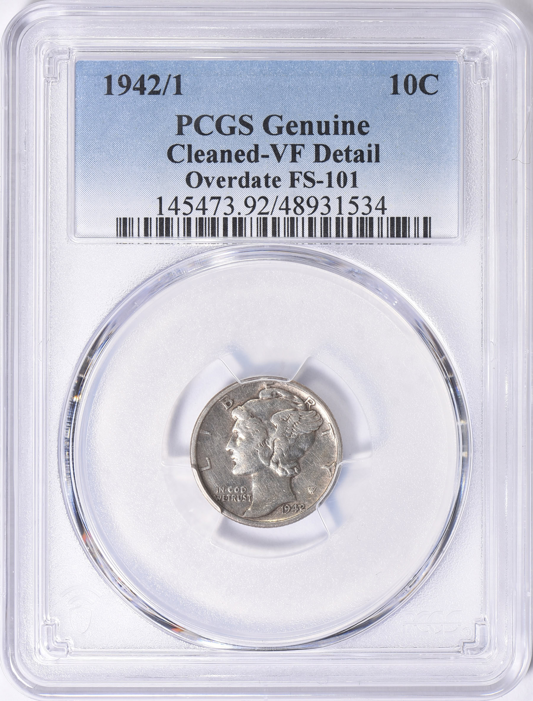 1942/1 Mercury Dime Overdate FS-101 PCGS Genuine VF Details (Item 1646837) | GreatCollections ...