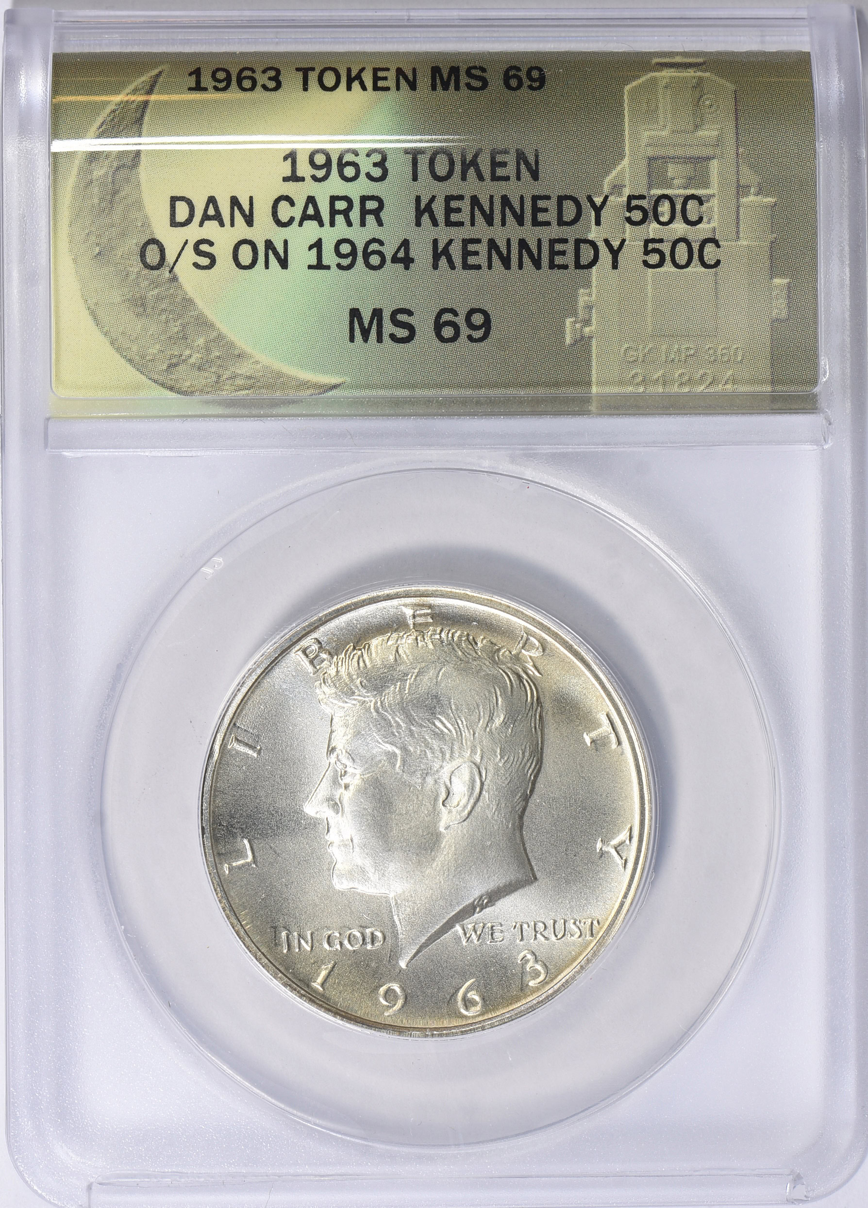 1963 Silver Kennedy Half Dollar Daniel Carr Token Overstruck on 1964 ...