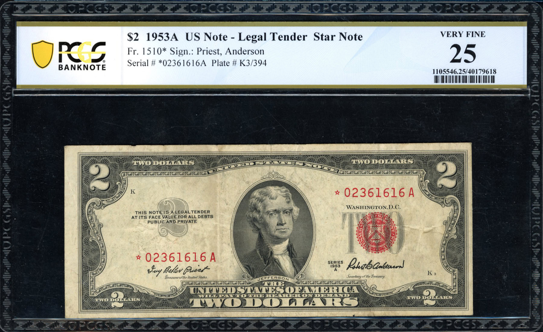 Fr. 1510* (*A Block) 1953A $2 Legal Tender Star Note Priest / Anderson ...