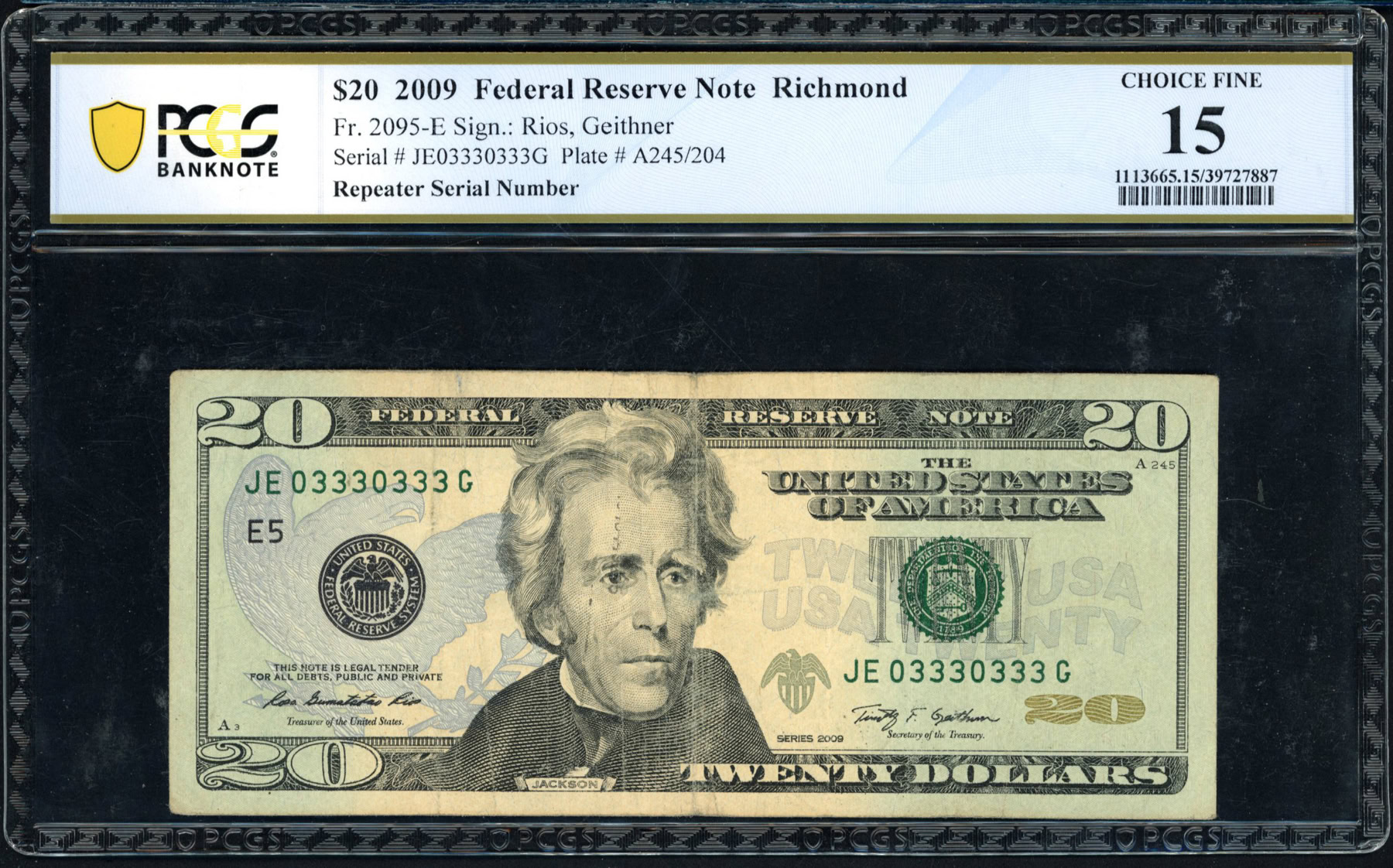 Fr. 2095-E (JEG Block) 2009 $20 Richmond Federal Reserve Note Repeater ...