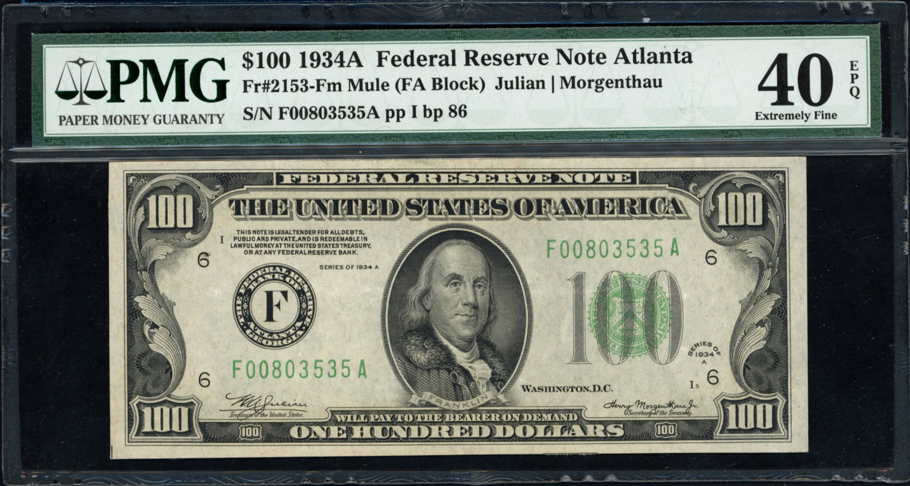 Fr. 2153-Fm (FA Block) 1934A $100 Atlanta Federal Reserve Mule Note Julian / Morgenthau PMG ...