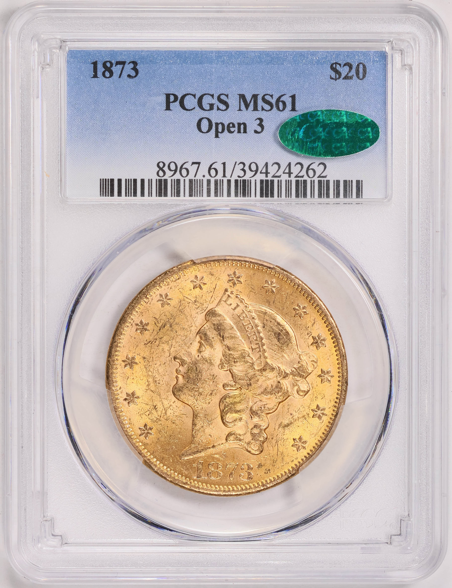 1873 Liberty Gold Double Eagle Open 3 PCGS MS-61 (CAC Green) (Item 1647548) | GreatCollections ...
