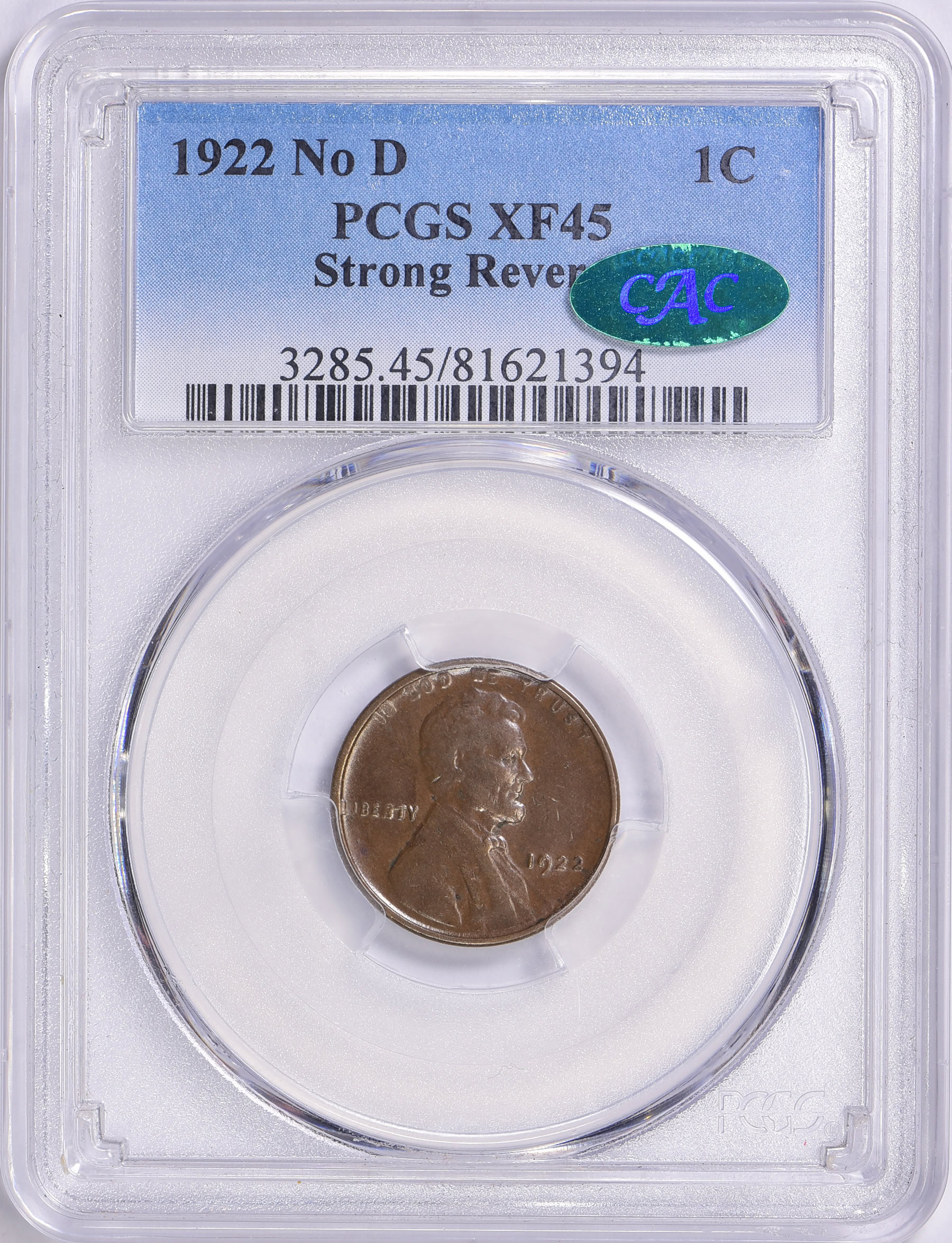 1922-No D Lincoln Cent Strong Reverse PCGS XF-45 BN (CAC Green) (Item 1647627 ...