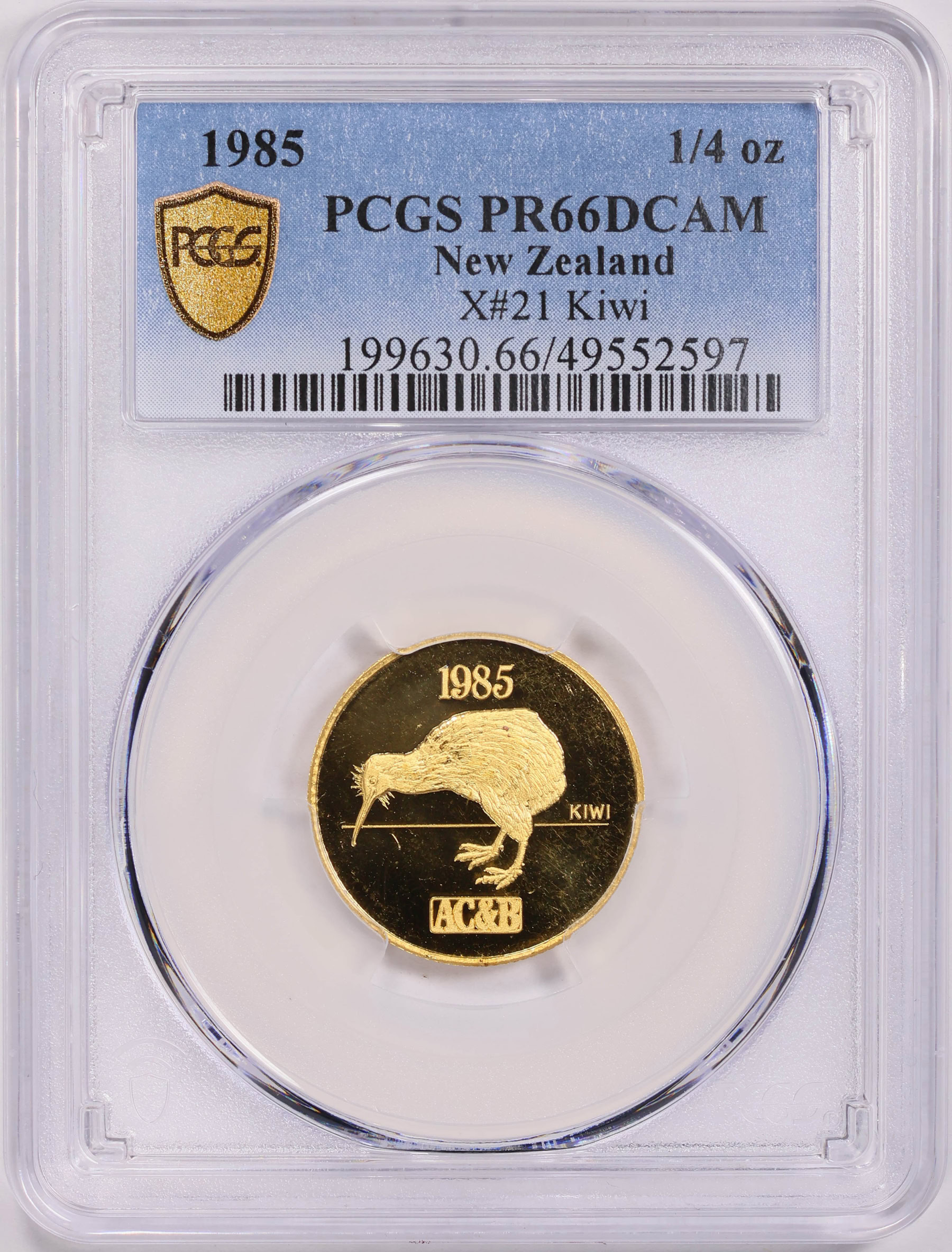 New Zealand 1985 Gold 1/4oz Kiwi PCGS Proof-66 DCAM (AGW = 0.250 oz ...