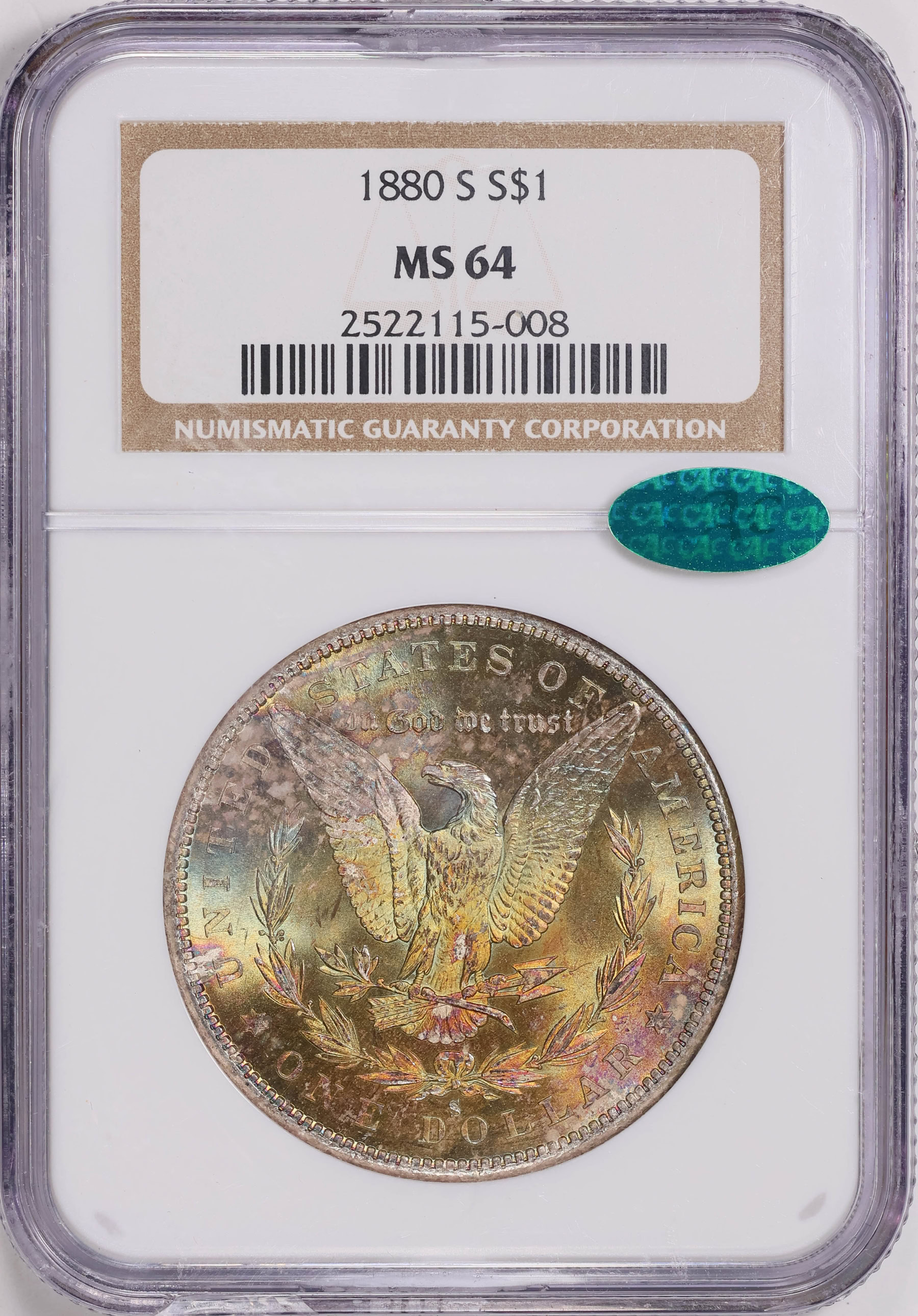 1880-S Morgan Silver Dollar NGC MS-64 (CAC Green) (Toned) (Item 1648461) | GreatCollections Coin ...