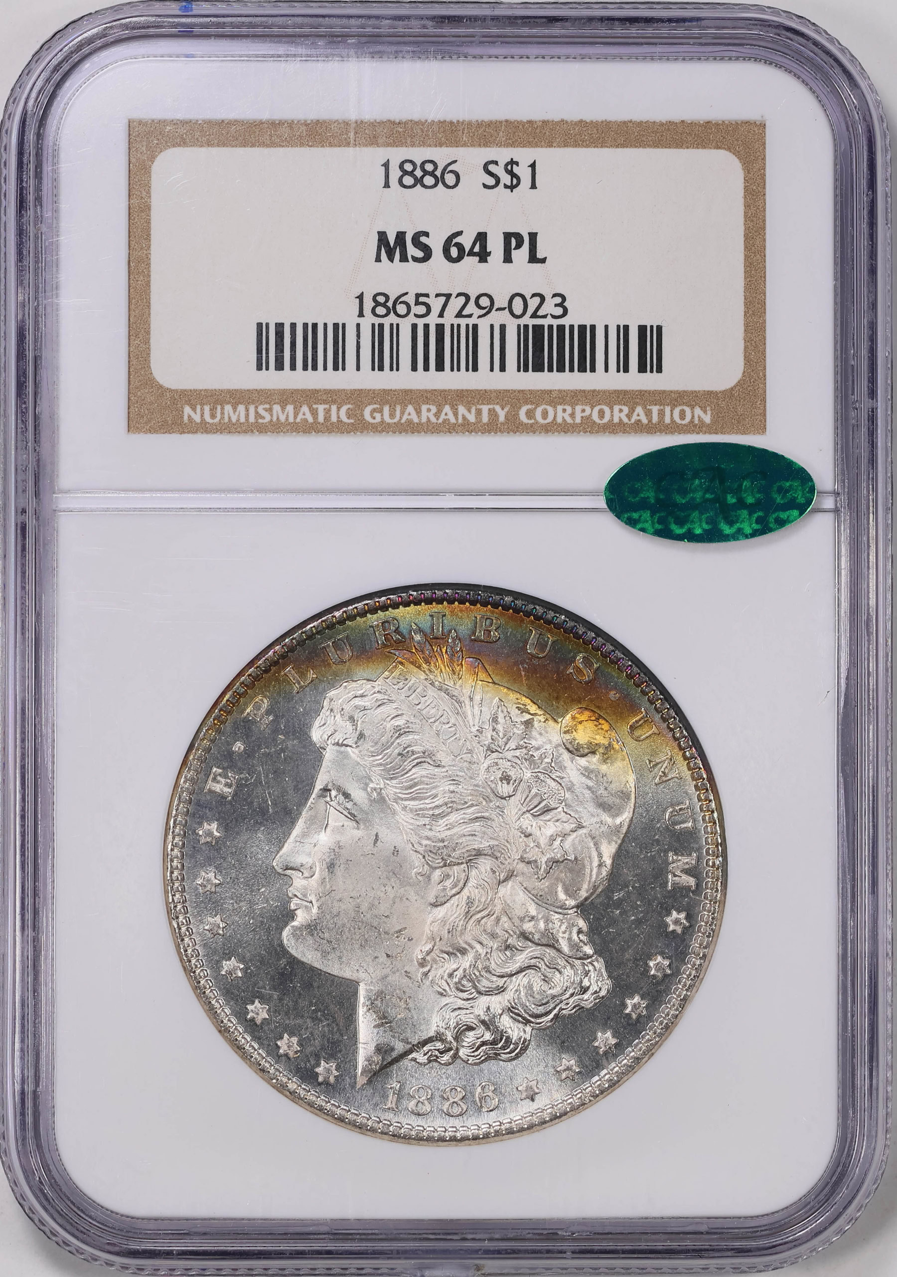1886 Morgan Silver Dollar NGC MS-64 PL (CAC Green) (Toned) (Item 1648471) | GreatCollections ...