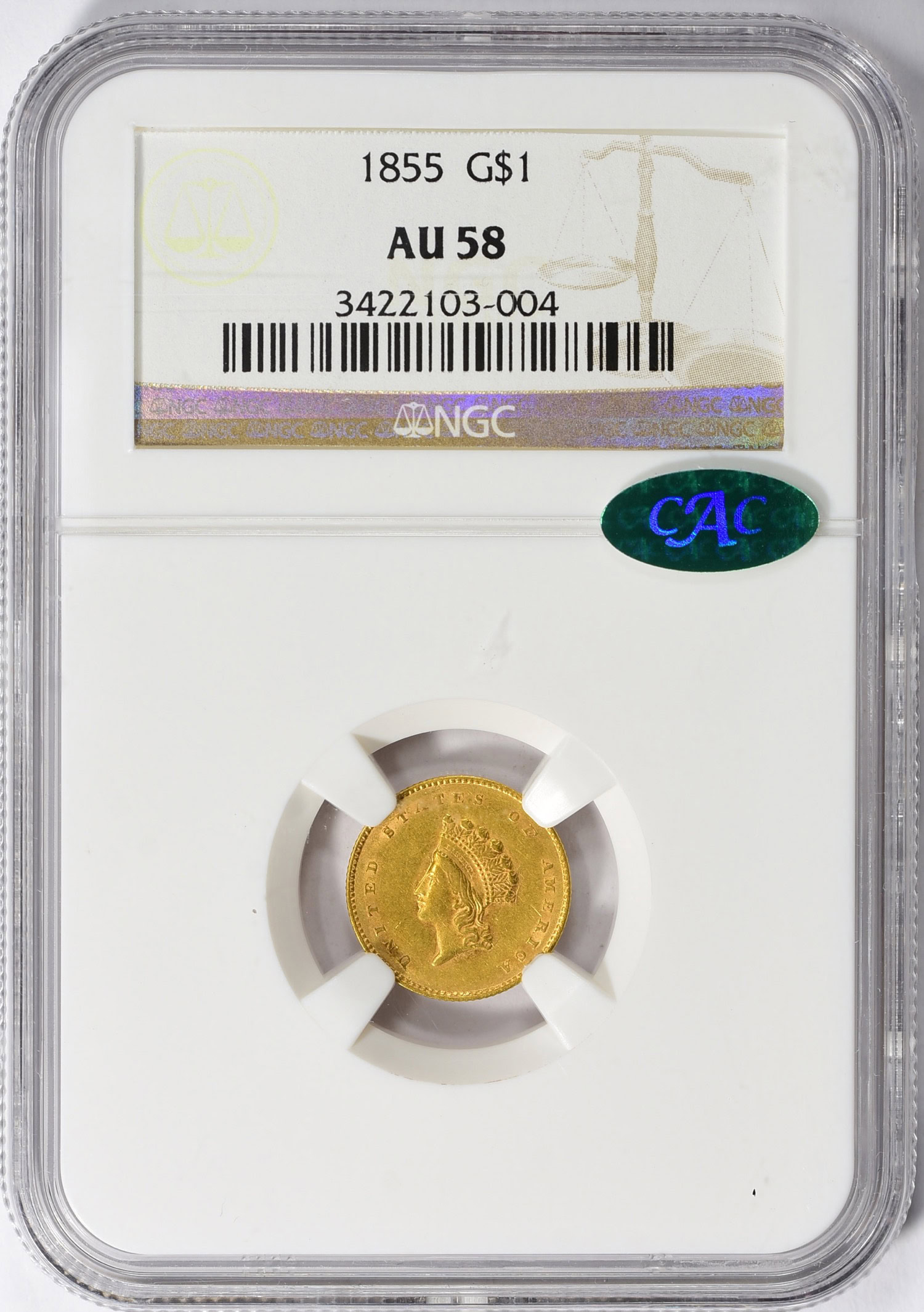 1855 Indian Princess Gold Dollar NGC AU-58 (CAC Green) (Item 1648718) | GreatCollections Coin ...