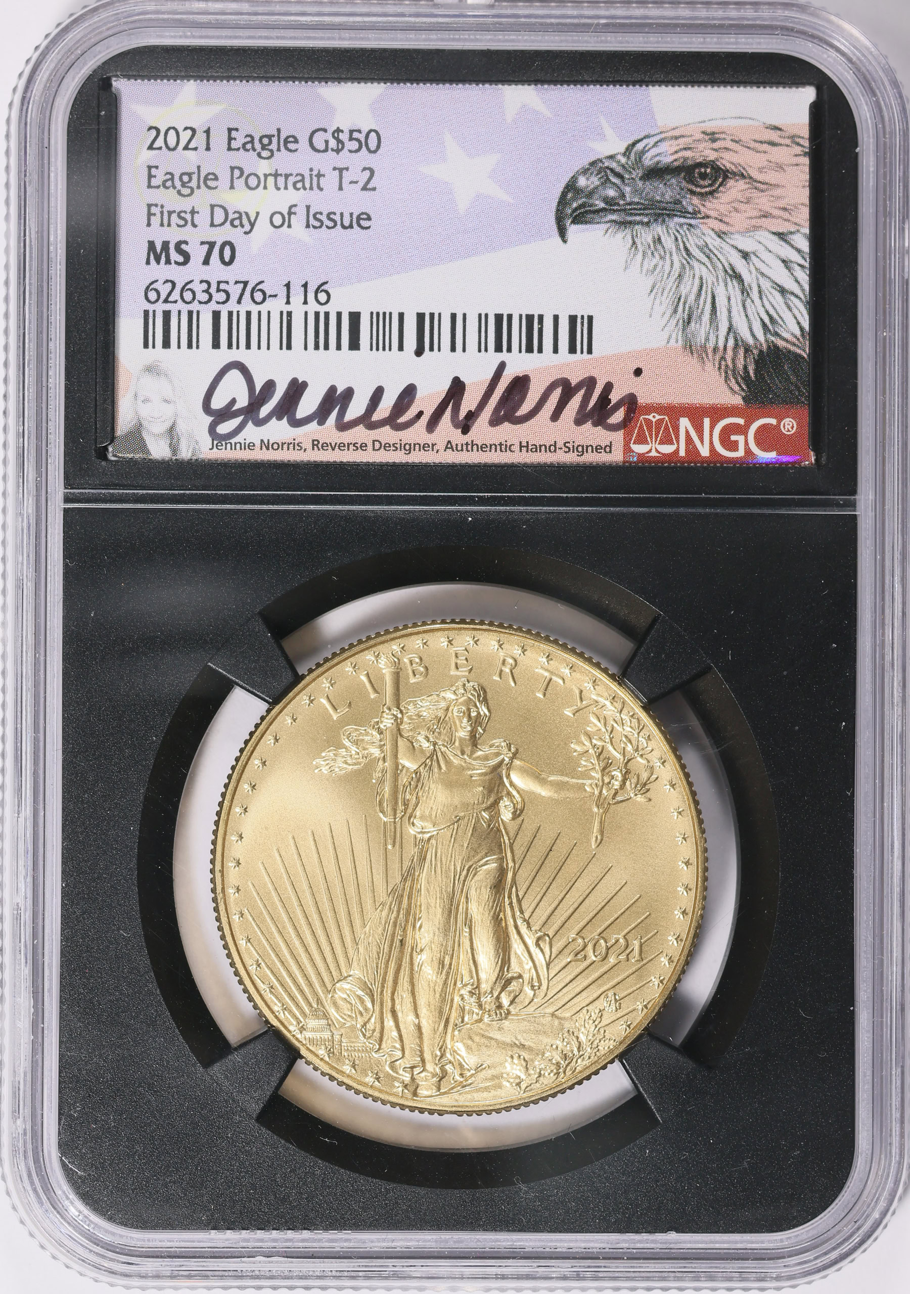 2021 $50 One-Ounce Gold American Eagle Type 2 First Day of Issue NGC MS-70 (Jennie Norris Signed ...