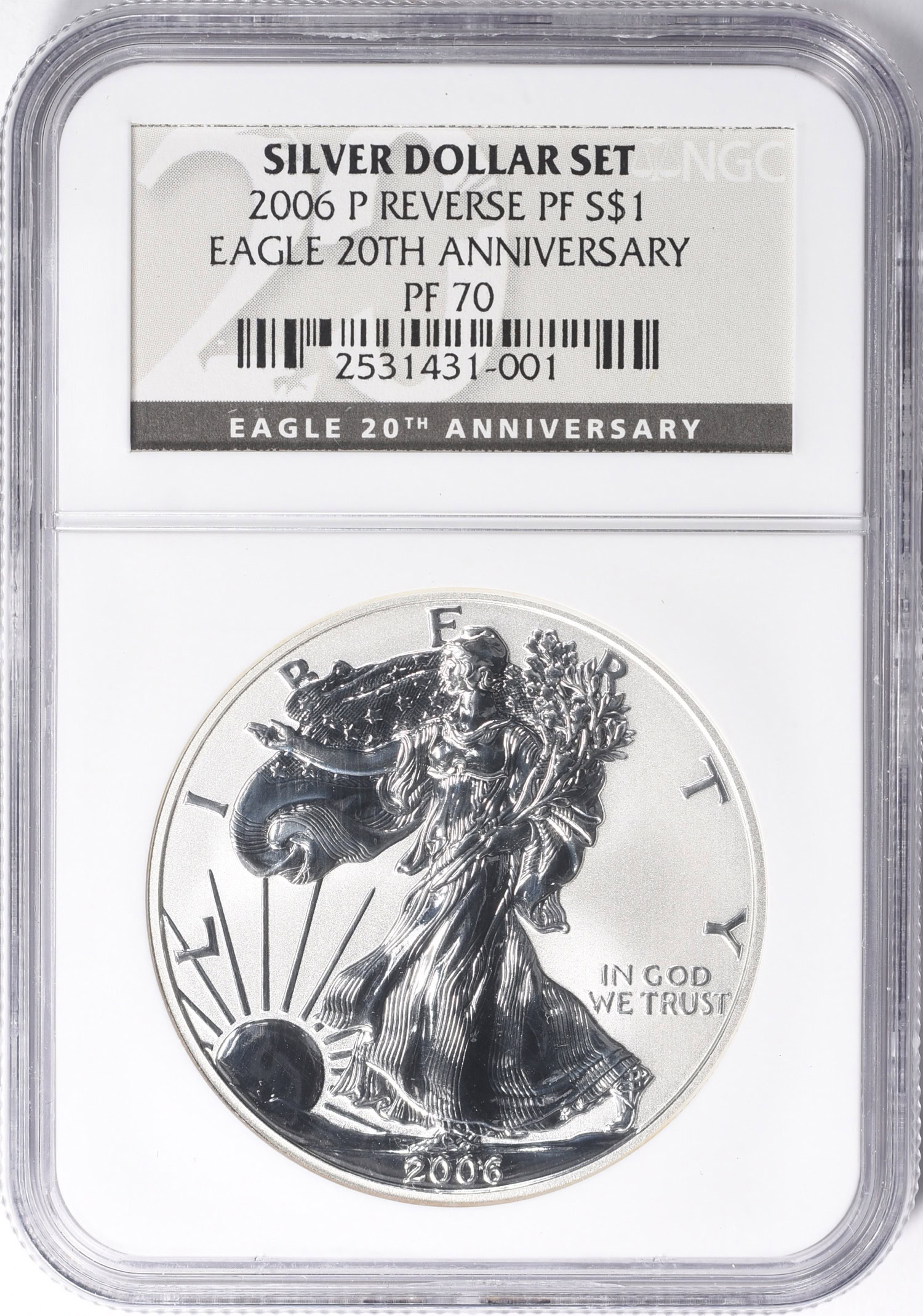 2006-P $1 Silver Eagle 20th Anniversary. Reverse Proof NGC Proof-70 (Black Label) (Item 1649706 ...