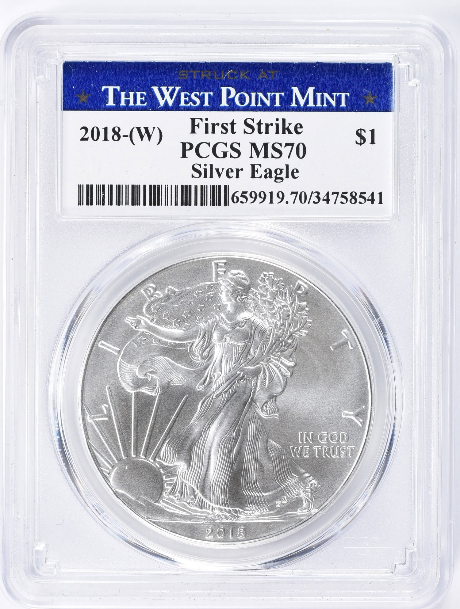 2018-(W) $1 Silver Eagle First Strike Struck at West Point Mint PCGS MS-70 (Struck at West Point ...
